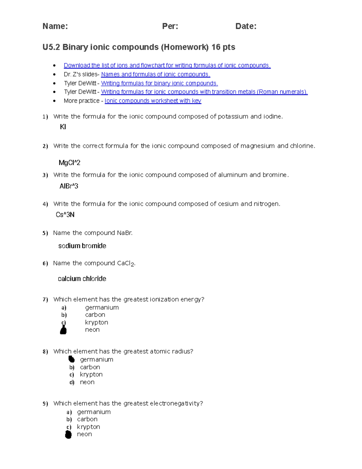 HWK U5.2: Writing Formulas for Binary Ionic Compounds - Studocu