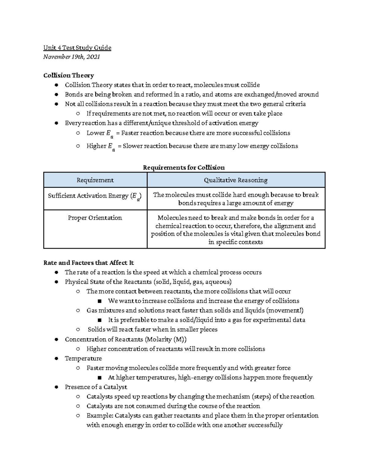 AP Chemistry - Chemical Kinetics Study Guide - Unit 4 Test Study Guide ...