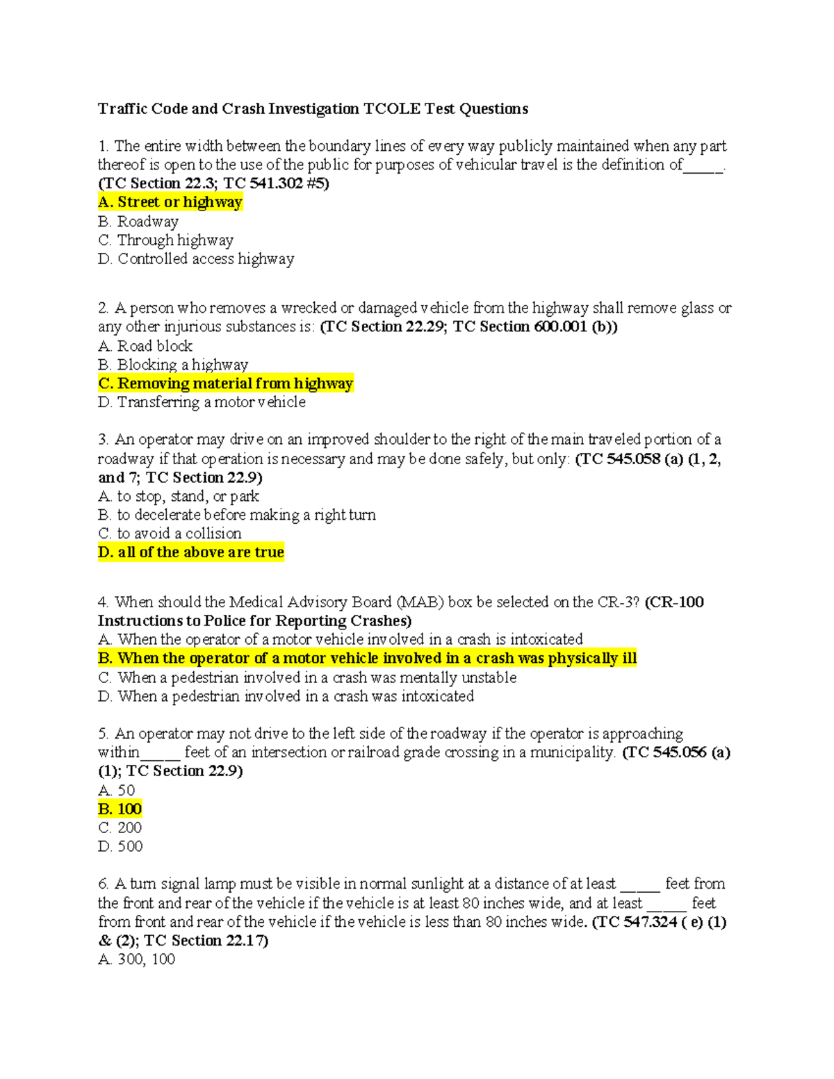 Texas Transportation Code Safety & Compliance Quiz (Traffic Sec 22 ...