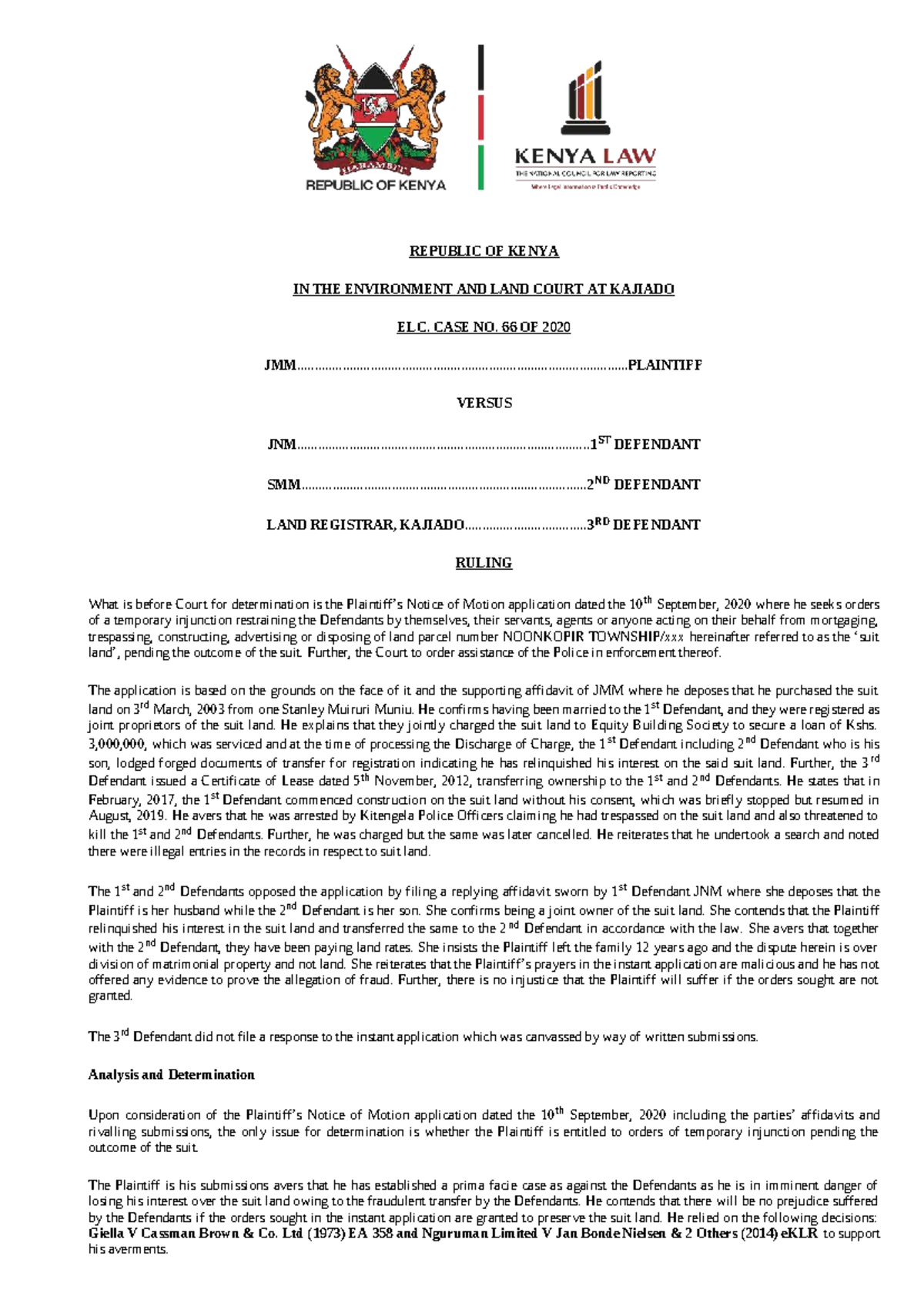 JMM v JNM & Others: ELC Case No. 66 of 2020 Ruling Analysis - Studocu