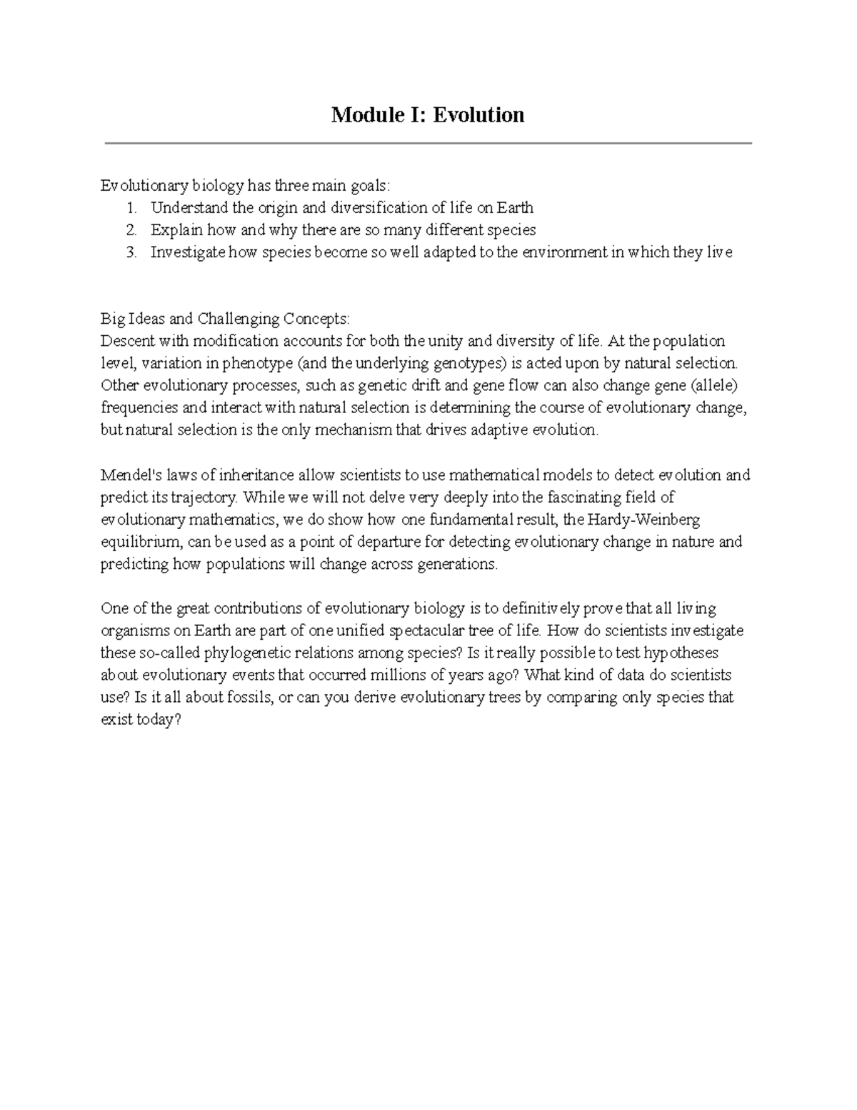 Module I Goals Ideas - Summary Introductory to biology I - Module I ...