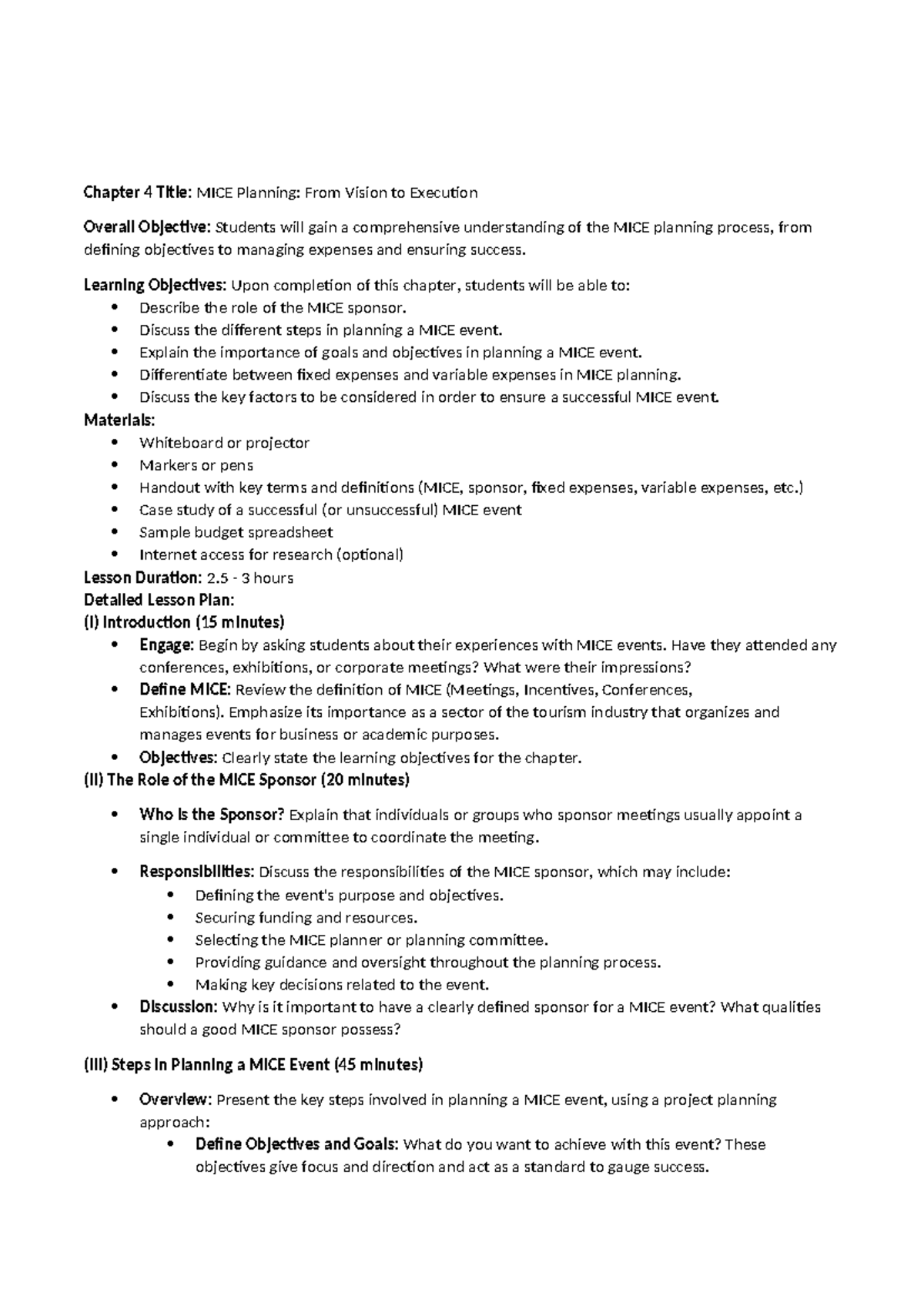 Chapter 4: MICE Planning - From Vision to Execution (Lesson Plan) - Studocu