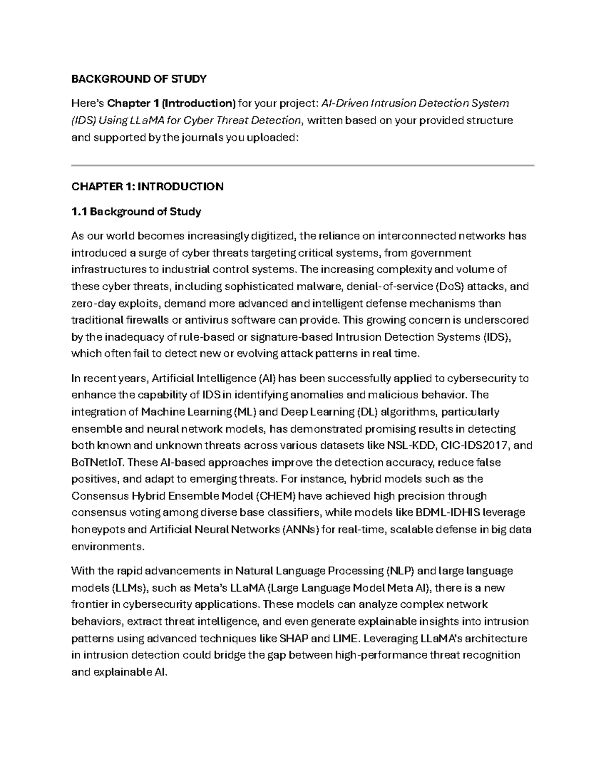 Intrusion Detection System (IDS) Using LLaMA: Chapter 1 Overview - Studocu