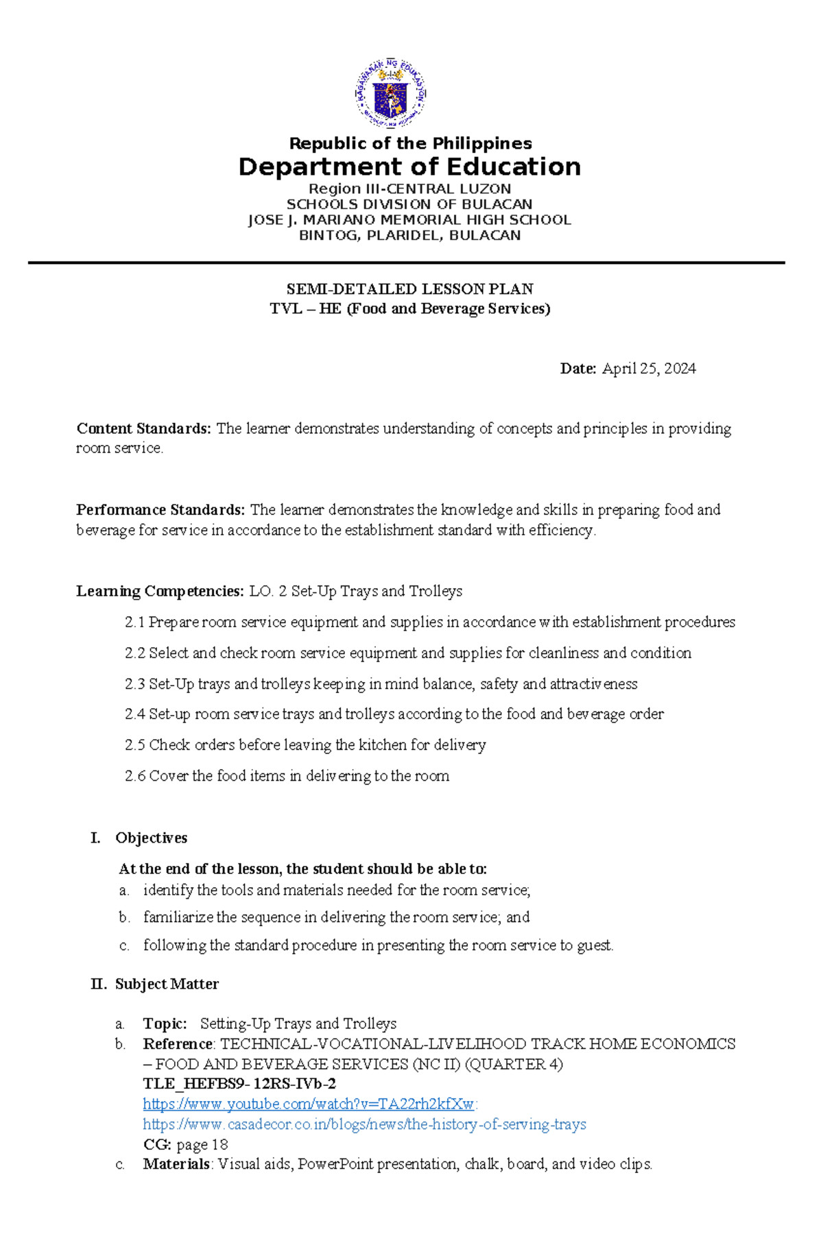SEMI-DETAILED LESSON PLAN: FBS - Setting Up Trays & Trolleys - Studocu