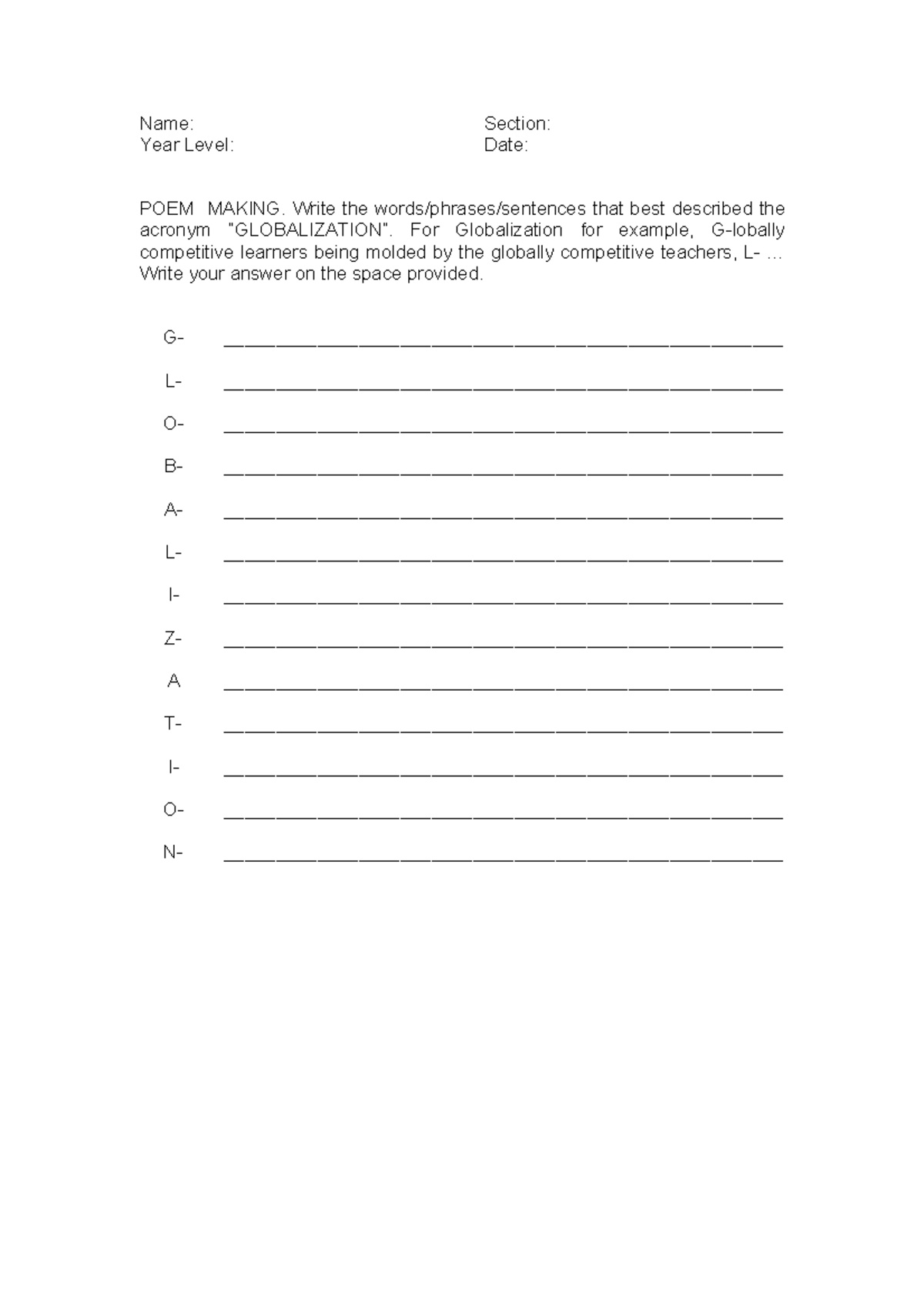 Lesson 2 Written Work - Name: Section: Year Level: Date: POEM MAKING ...