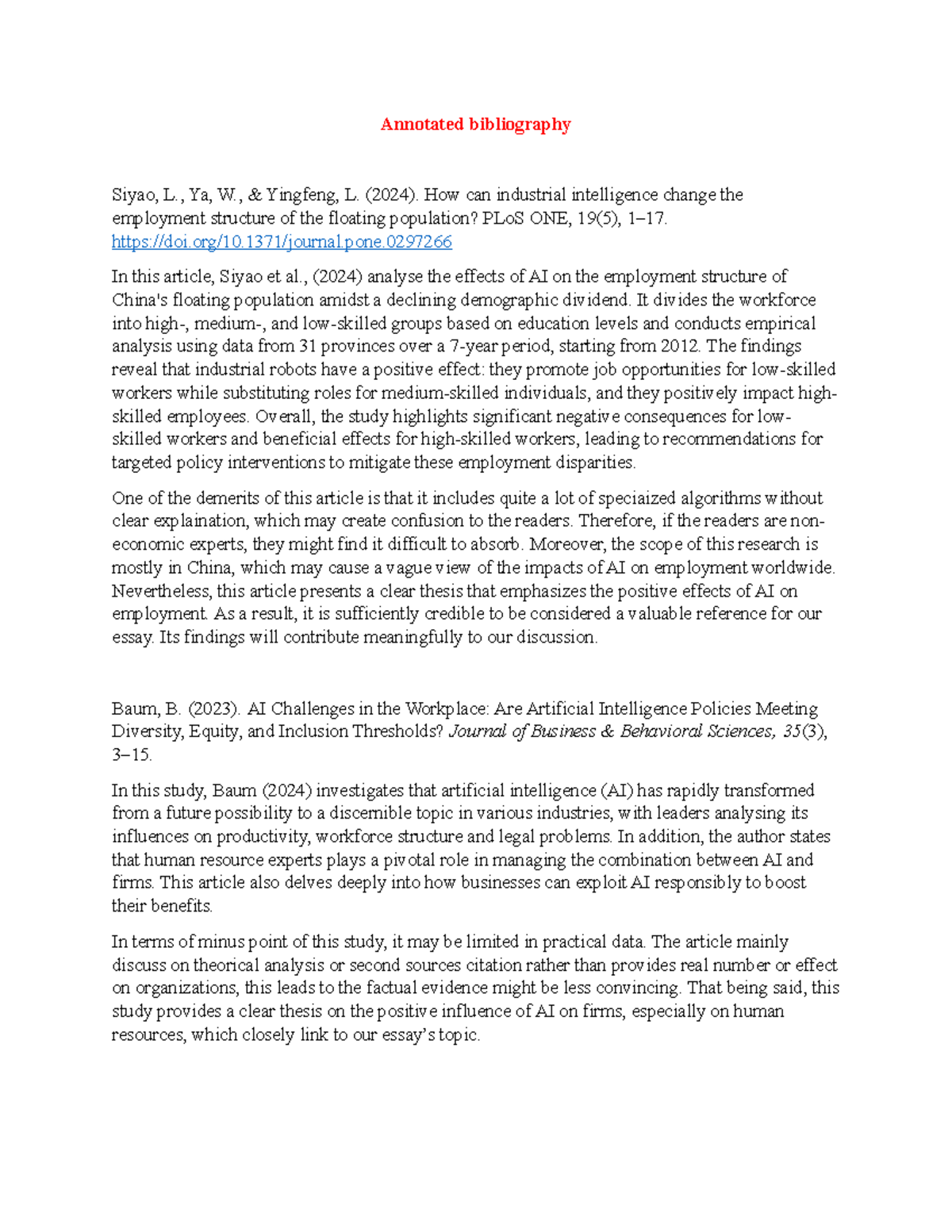 Annotated Bibliography: AI's Impact on Employment Structures and ...