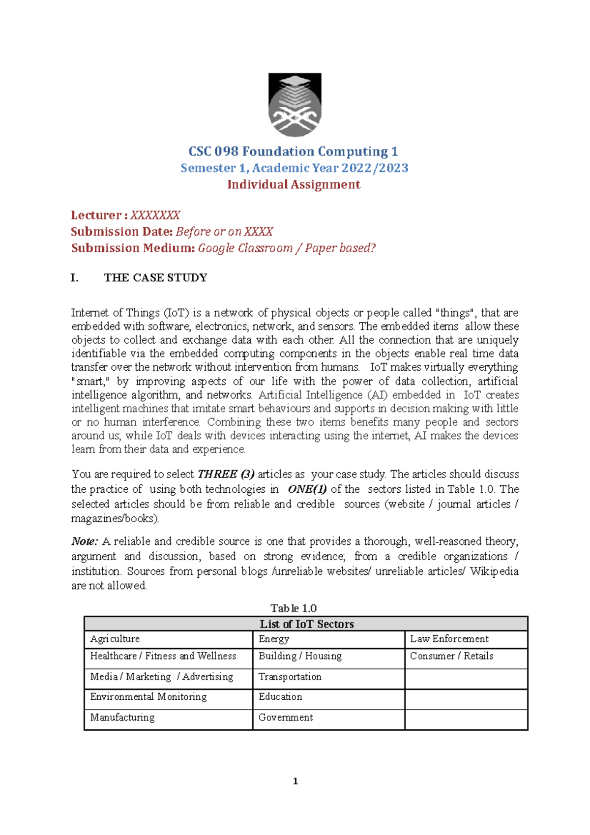 CSC098 Case Study Individual Assignment 2022 2023 - CSC 098 Foundation Computing 1 Semester 1 ...