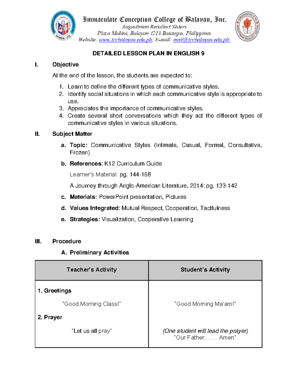 DLP PLLM - Detailed Lesson Plan on Communicative Styles in English 9 ...