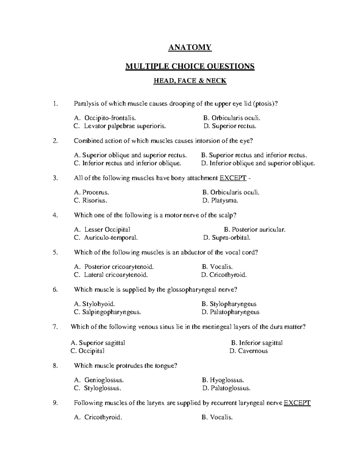 Anatomy MCQs HEAD AND NECK - ANATOMY MULTIPLE CHOICE QUESTIONS HEAD ...