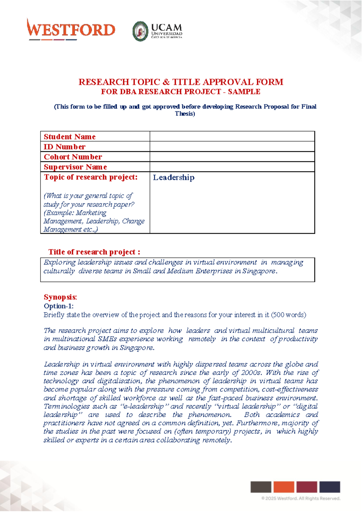 DBA Research Project Title Approval Form: Leadership in Virtual Teams ...