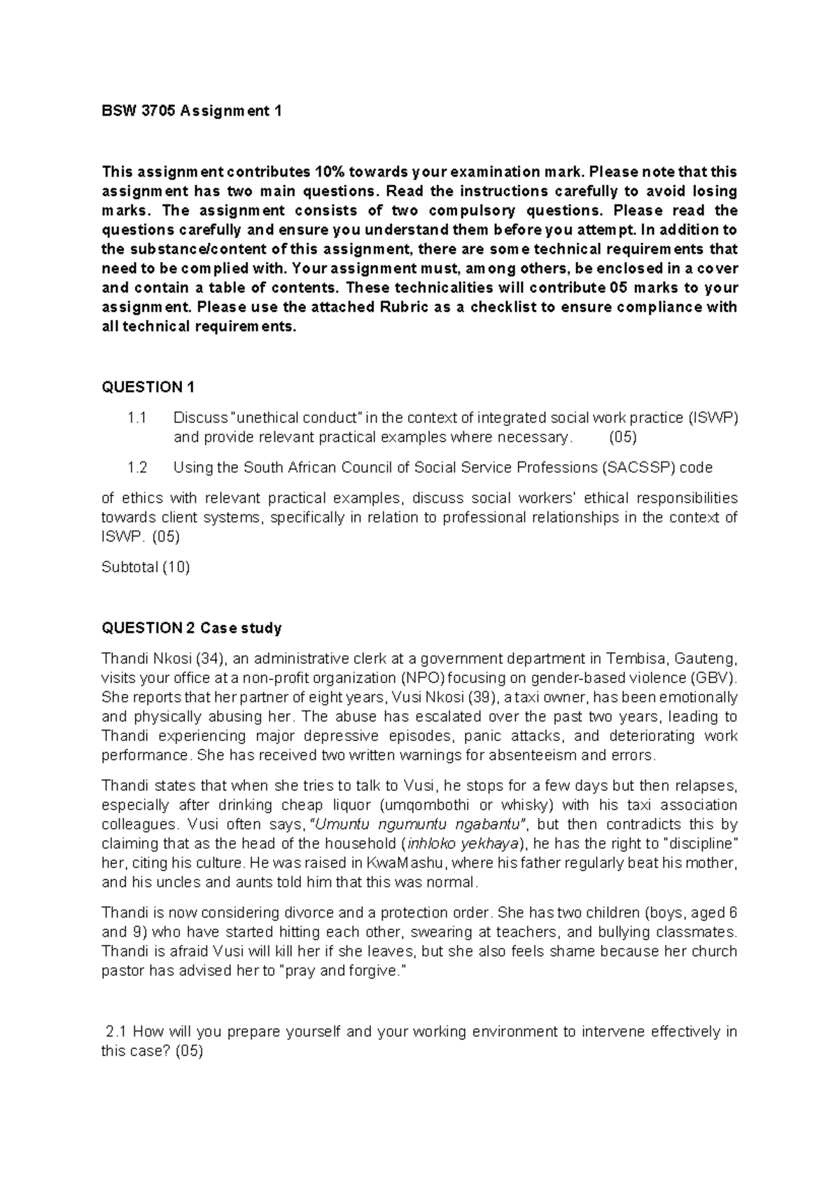 BSW 3705 Assignment 1: Integrated Social Work Practice & Case Study ...