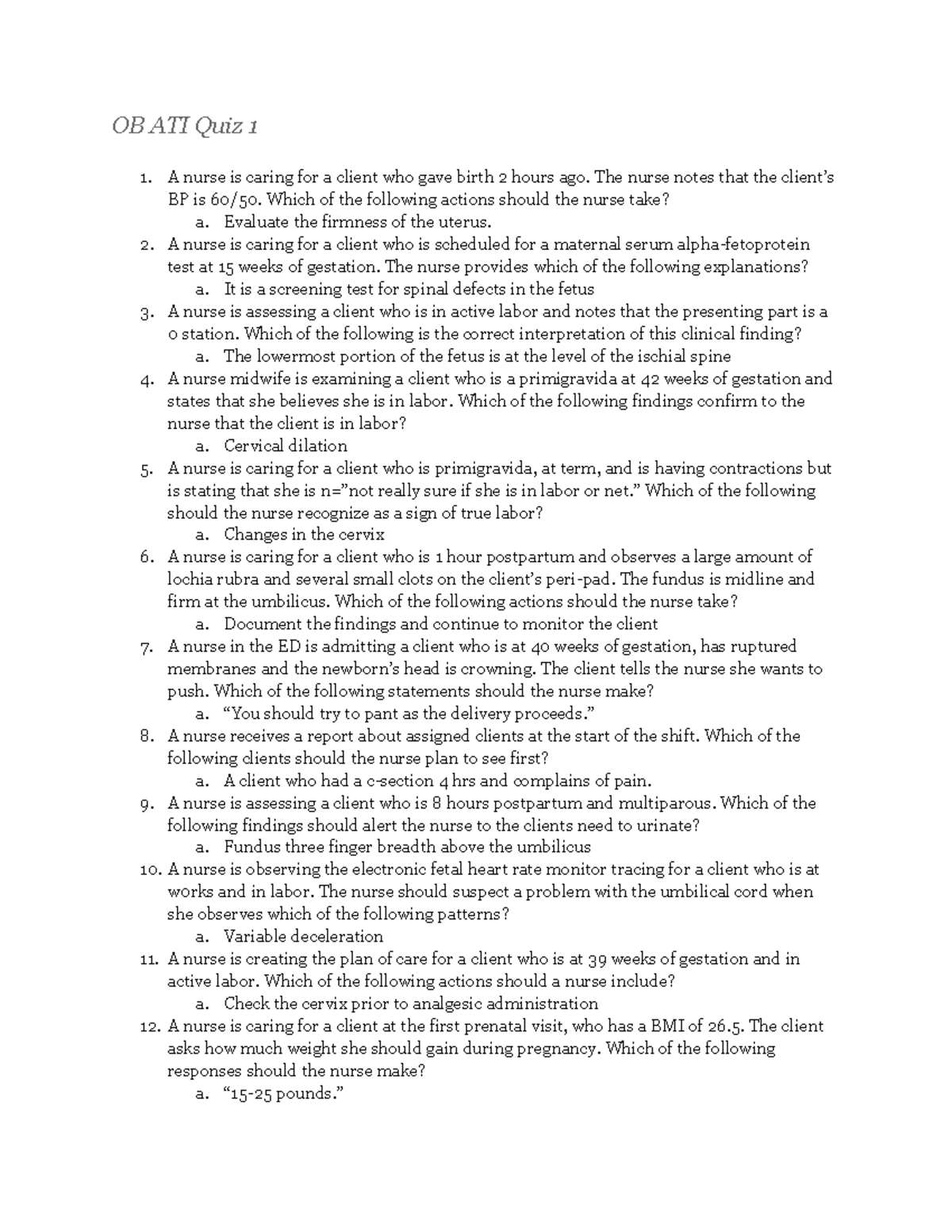 OB ATI Quiz 1 - Maternal and Newborn Care Insights - Studocu