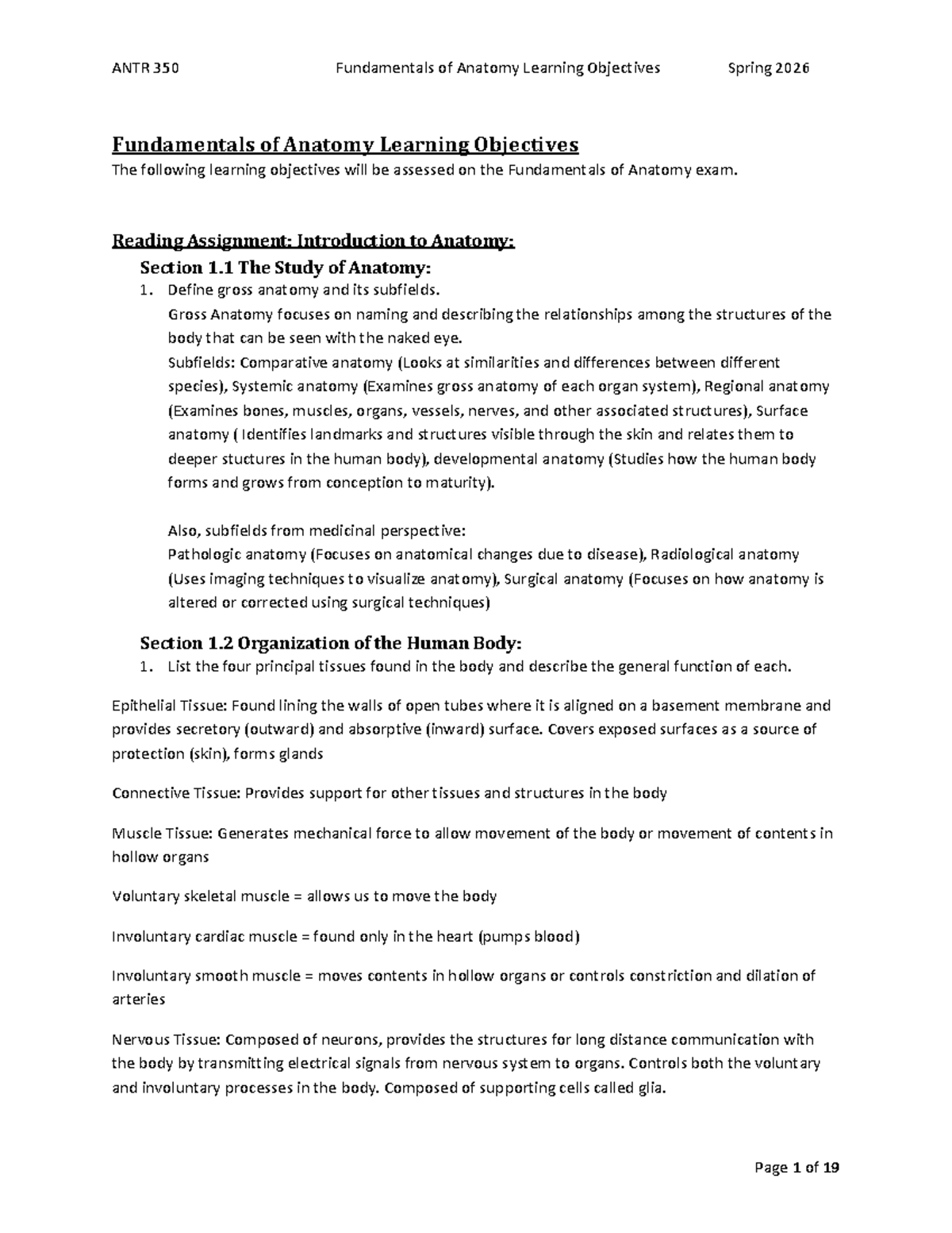 ANTR 350: Fundamentals of Anatomy Learning Objectives - Studocu