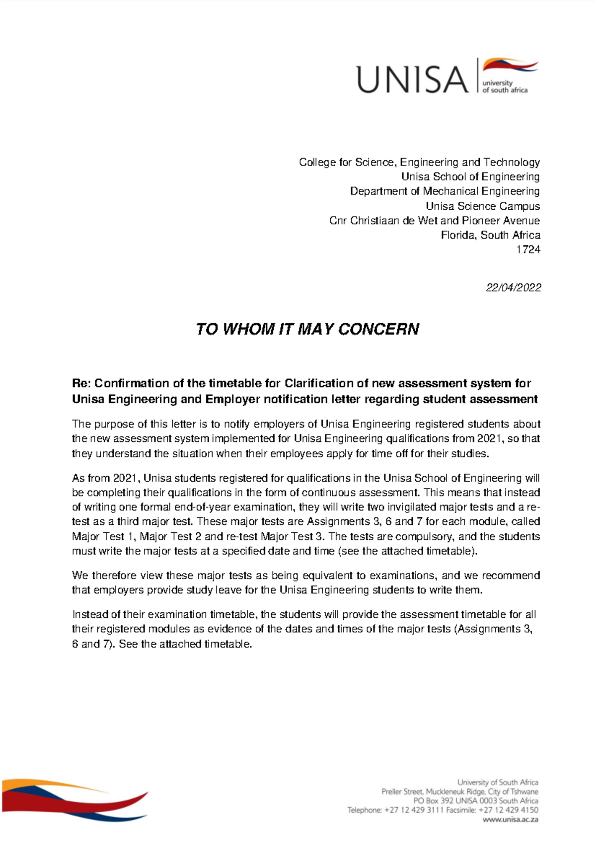 Memo for Major Tests: New Assessment System for Unisa Engineering - Studocu