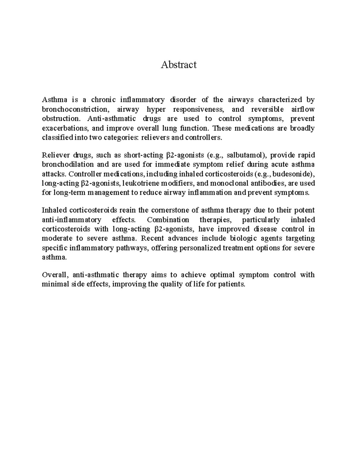 Asthma Management and Treatment Overview - College Project 1 - Studocu