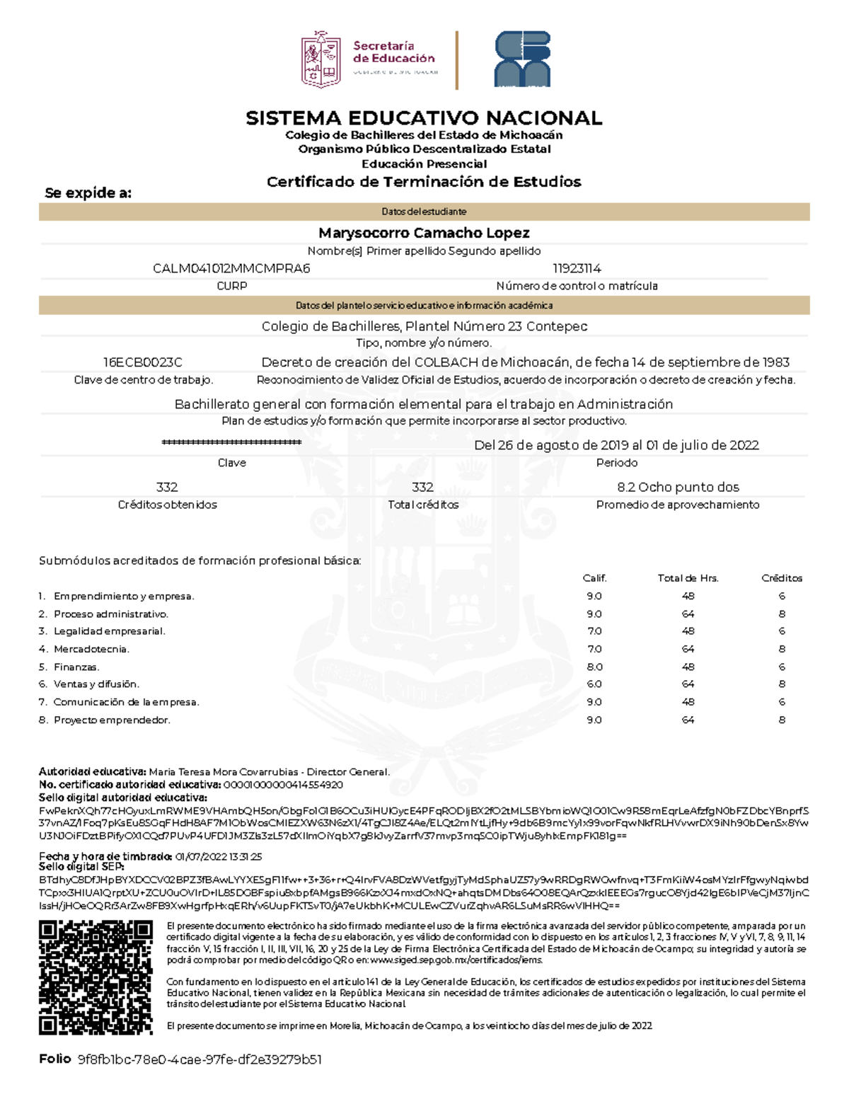 Certificado D 202262845 - SISTEMA EDUCATIVO NACIONAL Colegio de Bachilleres del Estado de ...