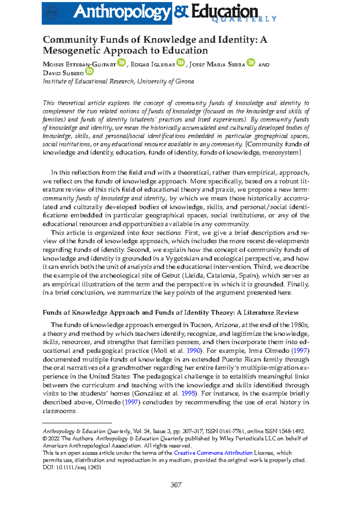 Community Funds of Knowledge and Identity: A Theoretical Exploration ...