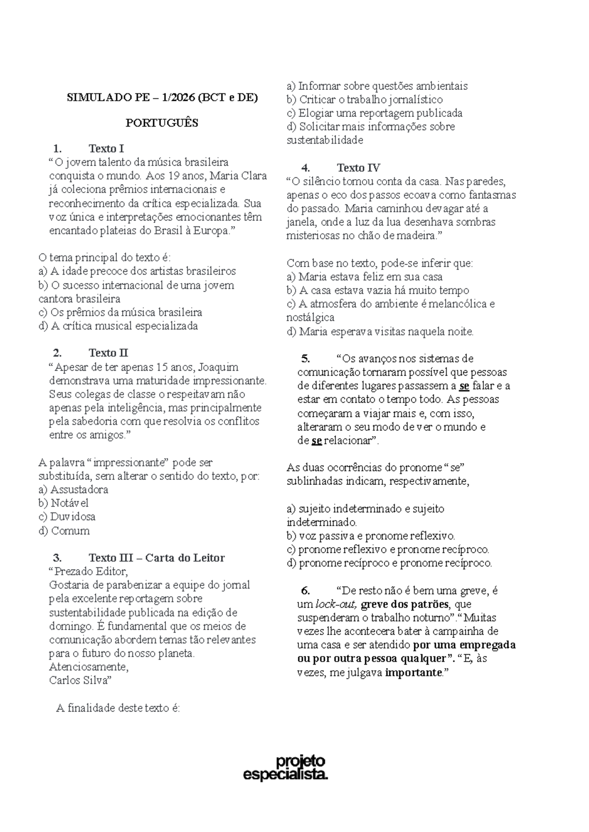 Simulado Geral 1.2026 (BCT e DE) - Questões de Português e Matemática ...