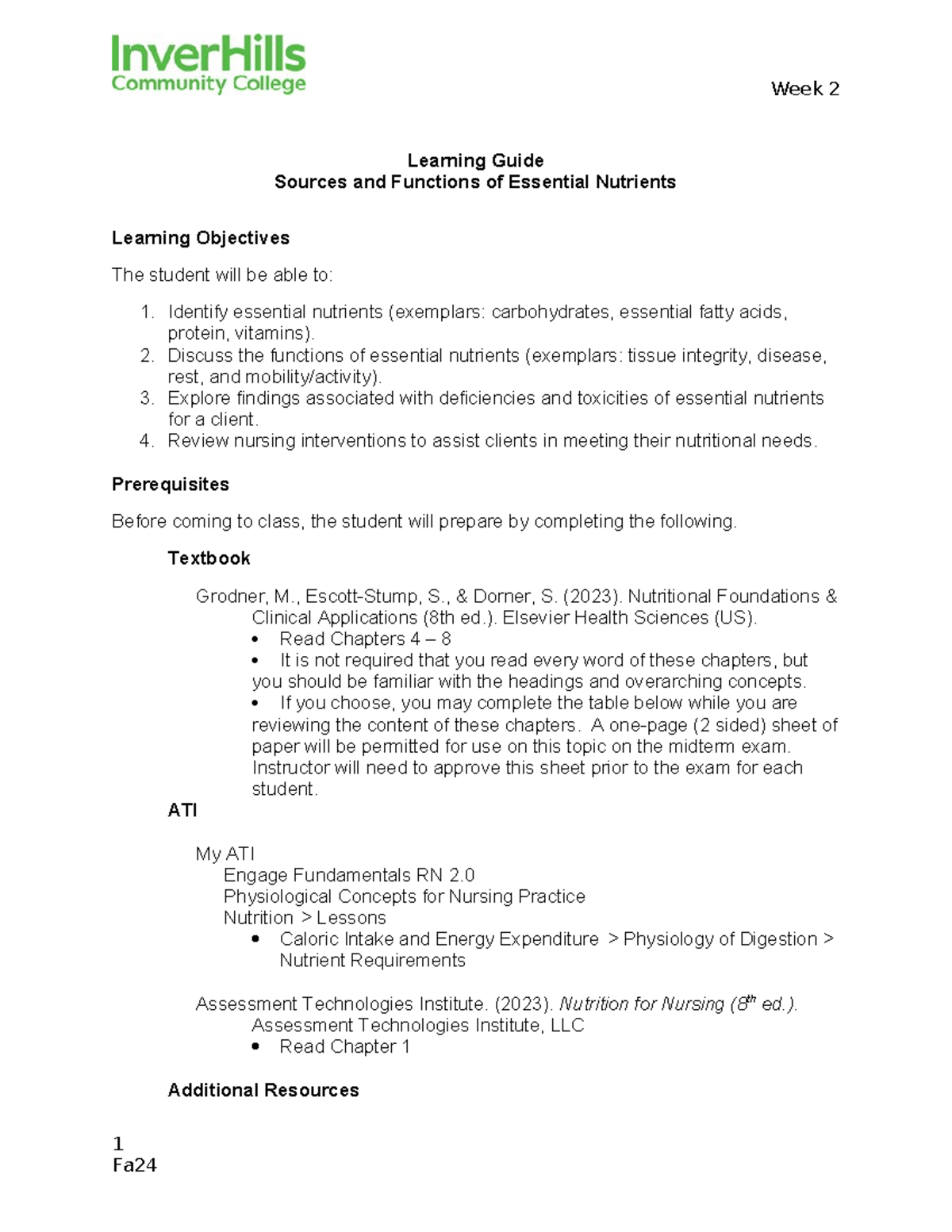NUTR 101: Week 2 Learning Guide on Essential Nutrients Functions - Week ...