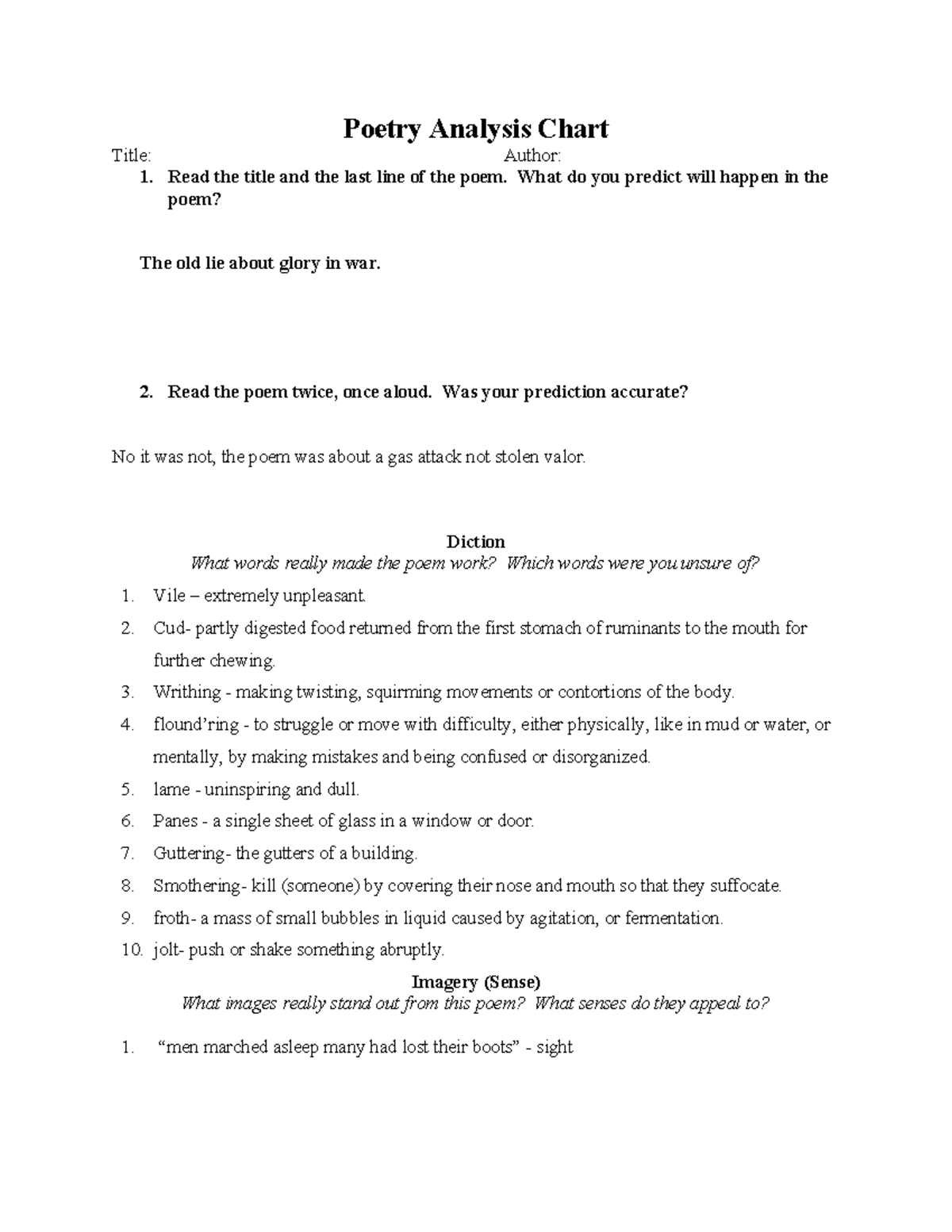 Poetry Analysis Chart: ELA Work on War Imagery and Diction - Studocu