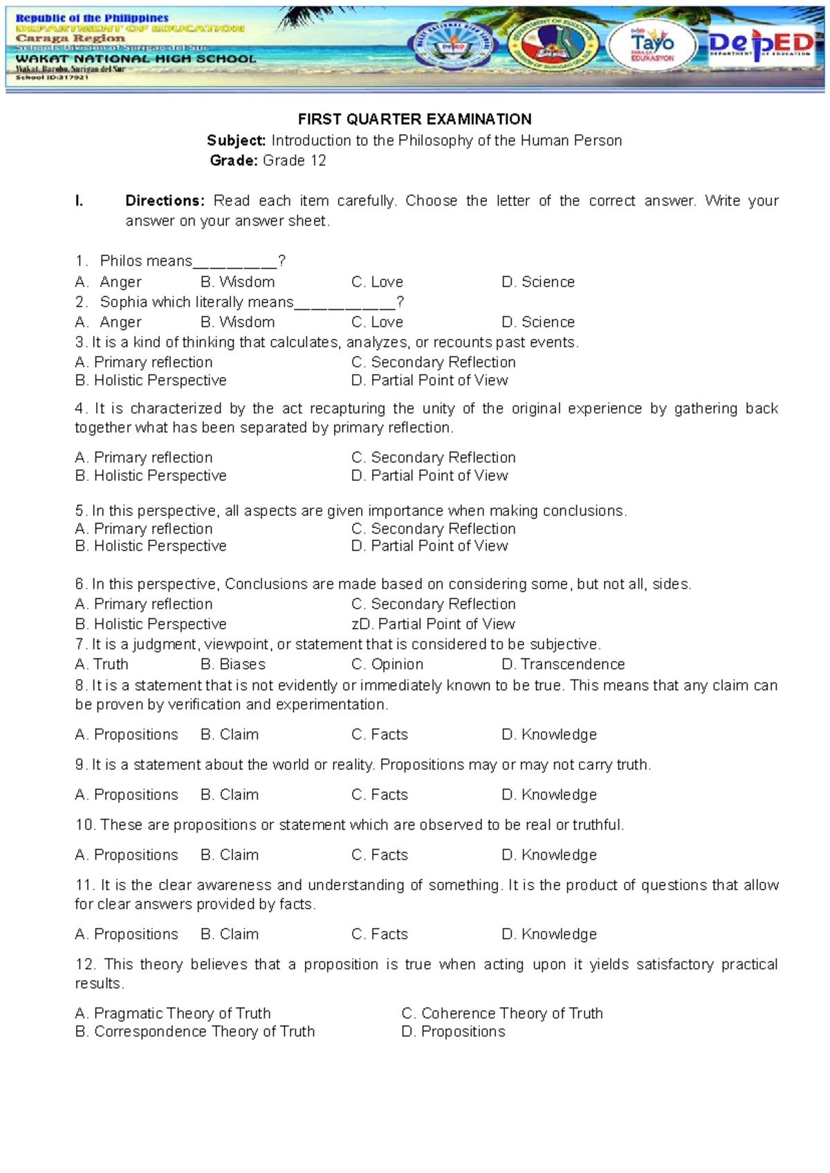 Philo 12 Q1 Final Exam Review: Introduction to Philosophy - Studocu