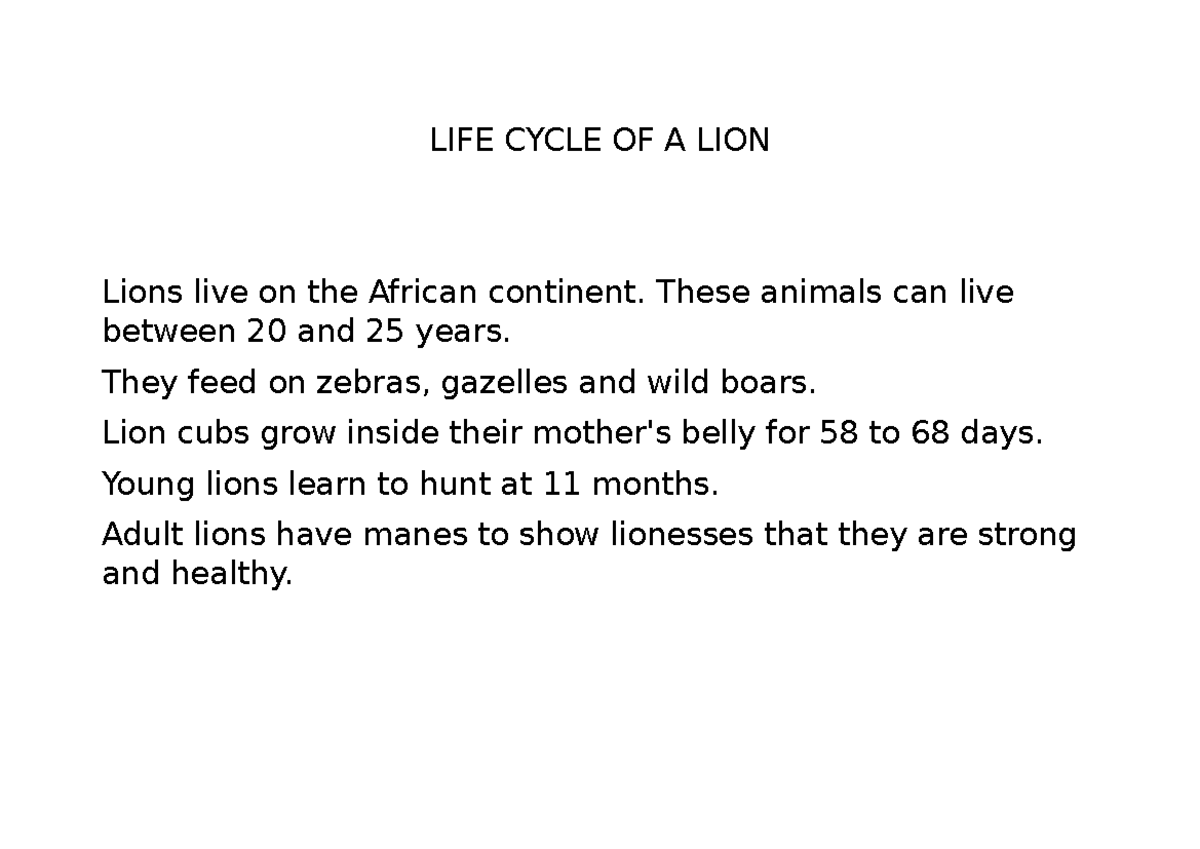 LIFE Cycle OF AN Animal - LIFE CYCLE OF A LION Lions live on the ...