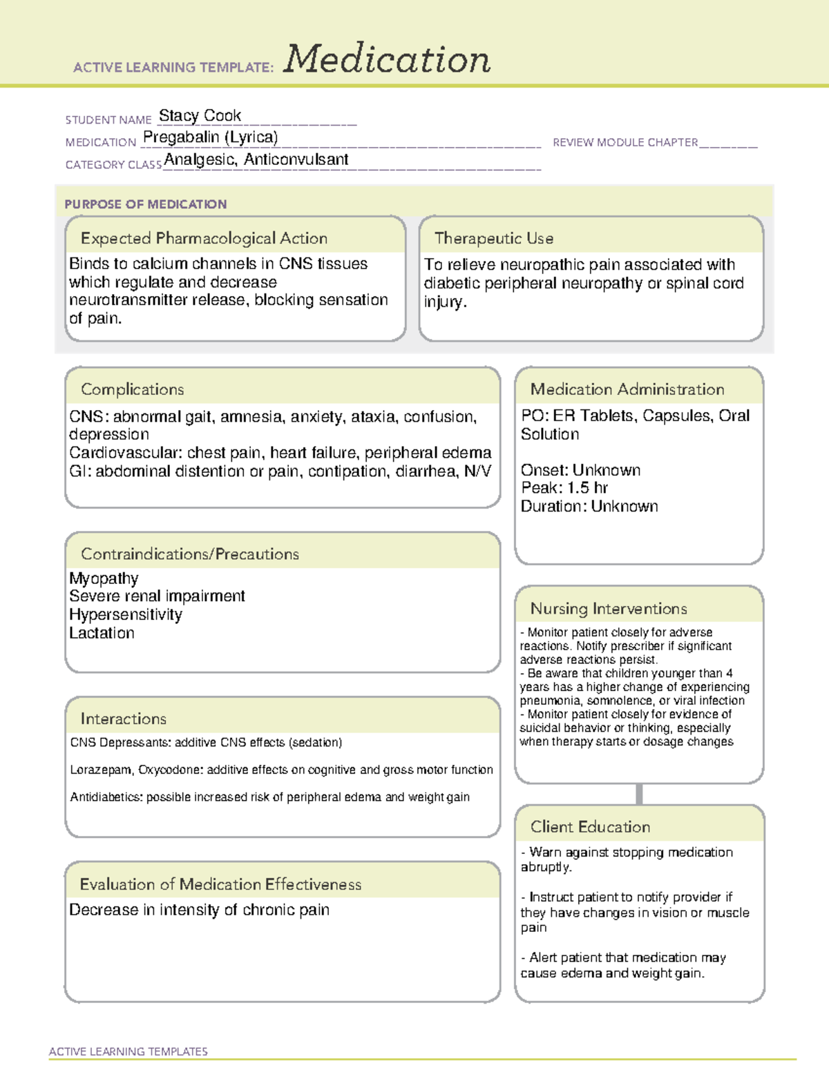 Pregabalin (Lyrica) Clinical Day 4 Active Learning Template - Studocu