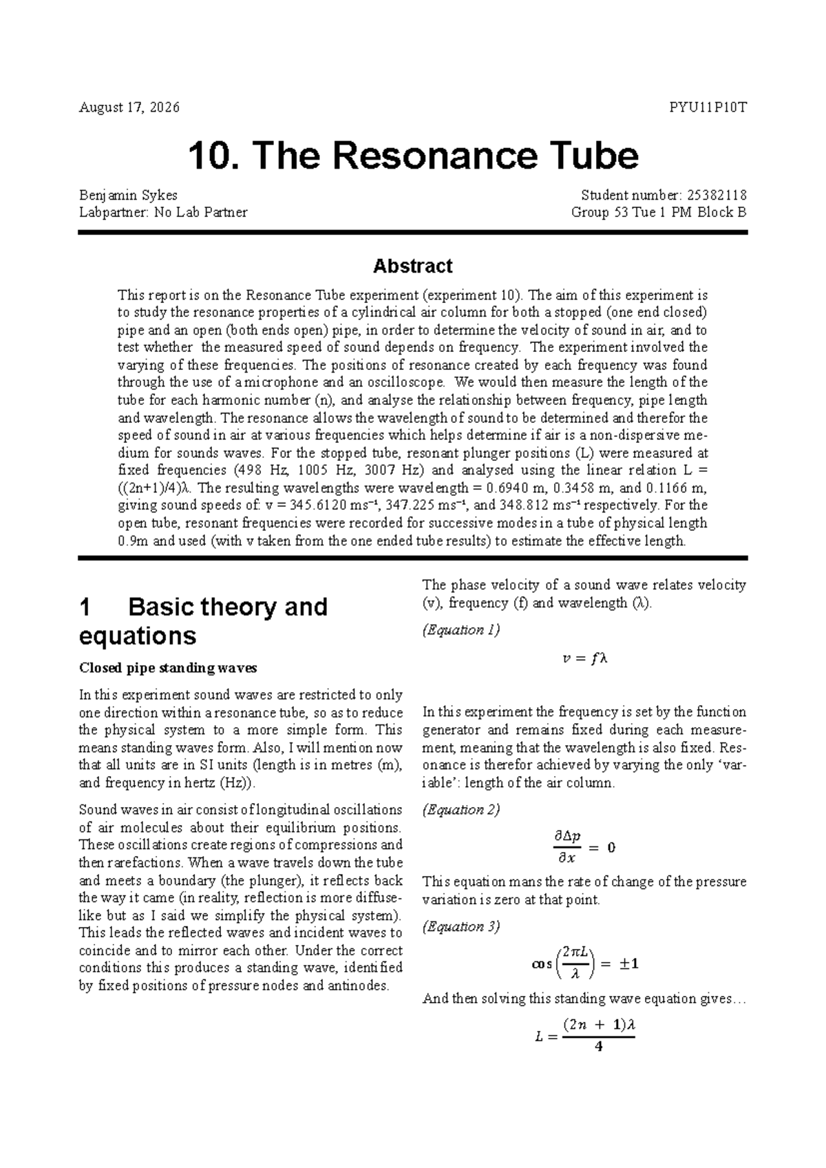 Resonance Tube Experiment Report - PYU11P10T10 by Benjamin Sykes - Studocu