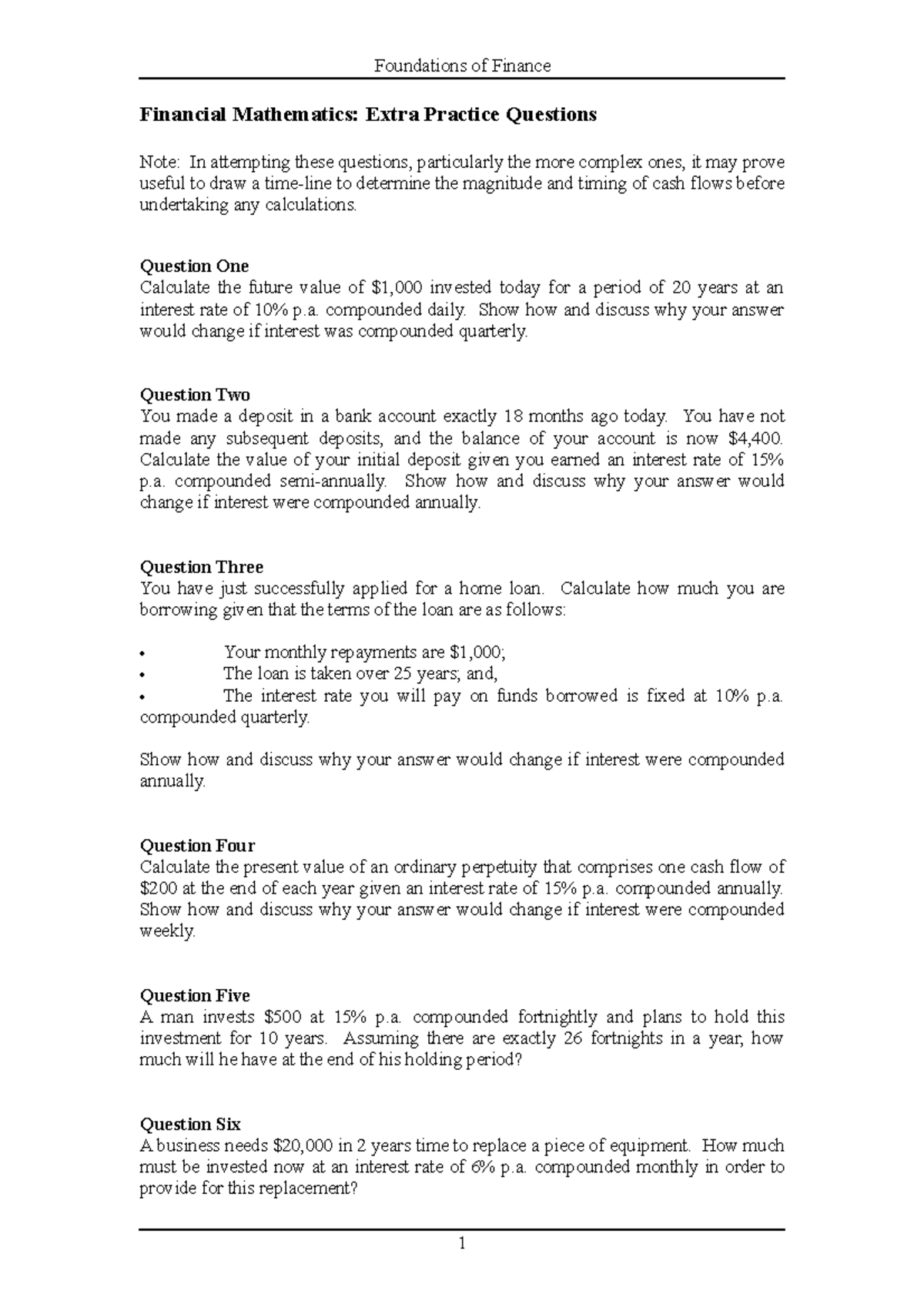 Extra Financial Maths Practice Questions - Foundations of Finance ...