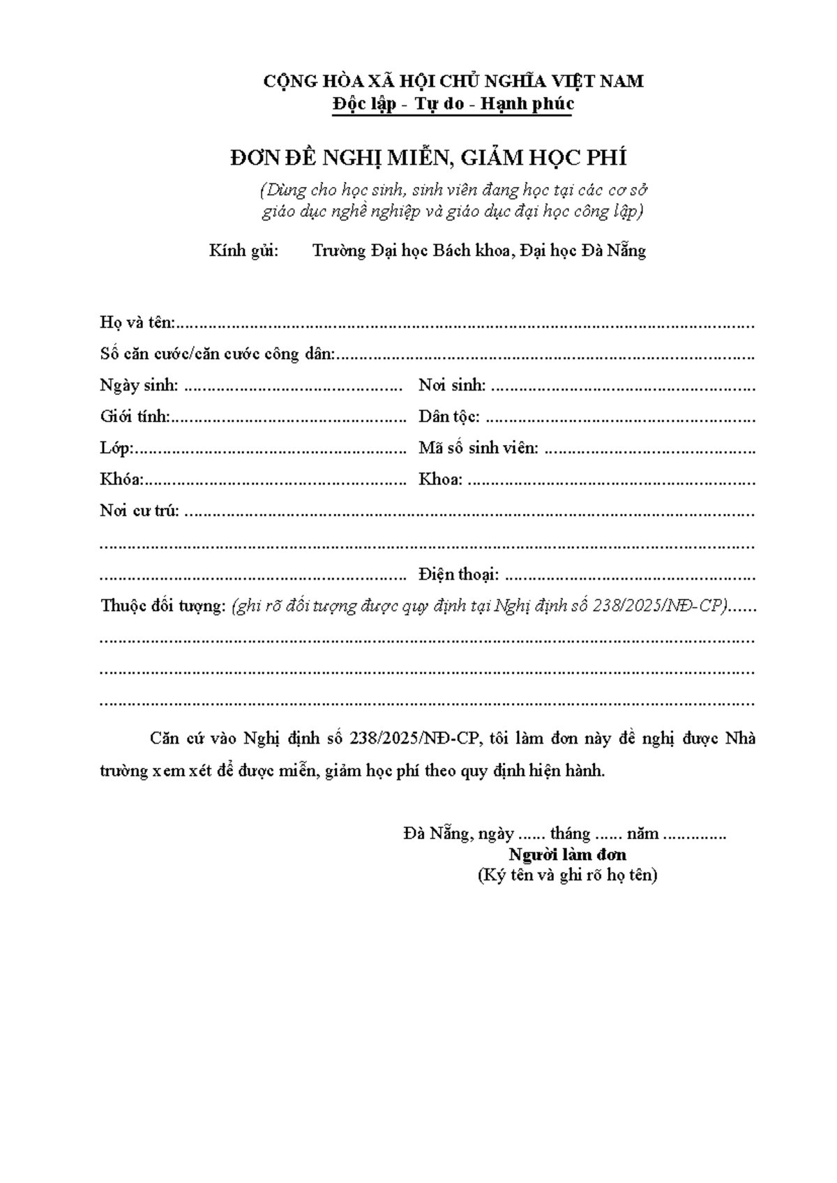 Đơn Đề Nghị Miễn Giảm Học Phí - Trường ĐH Bách Khoa Đà Nẵng - Studocu