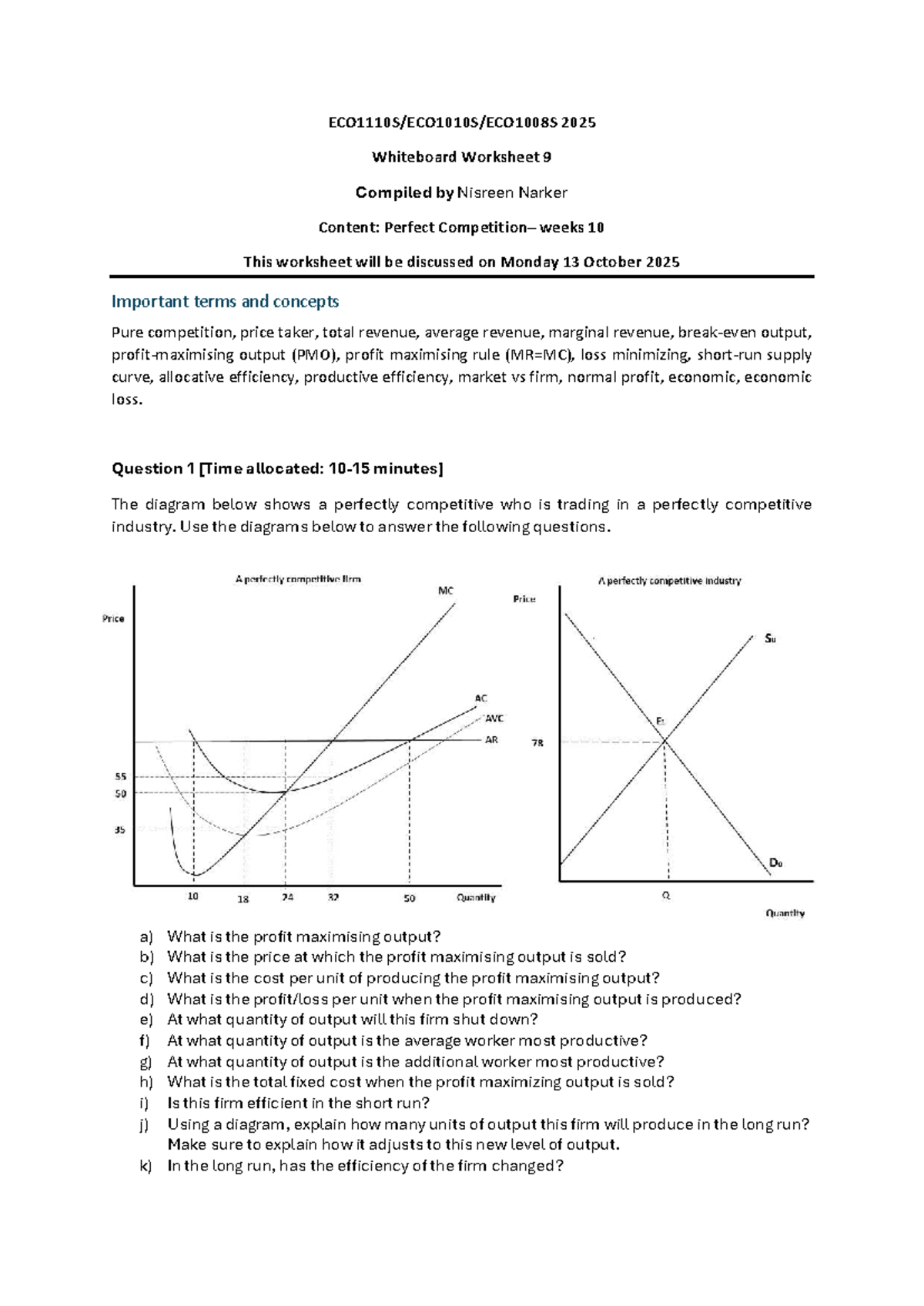 Whiteboard Worksheet 9 Tutorial - Perfect Competition Concepts - Studocu