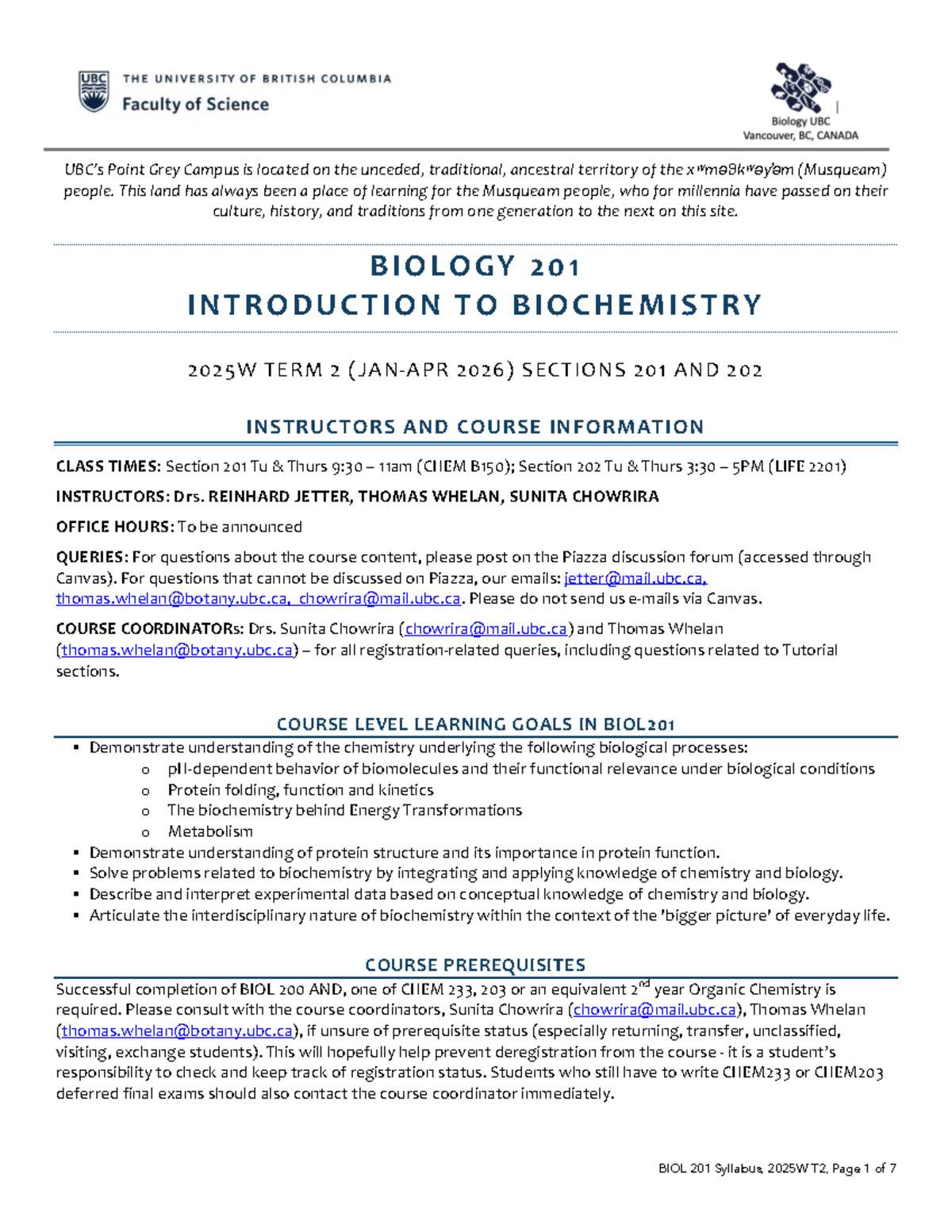 BIOL 201 Syllabus: Introduction to Biochemistry (2025W T2) - Studocu