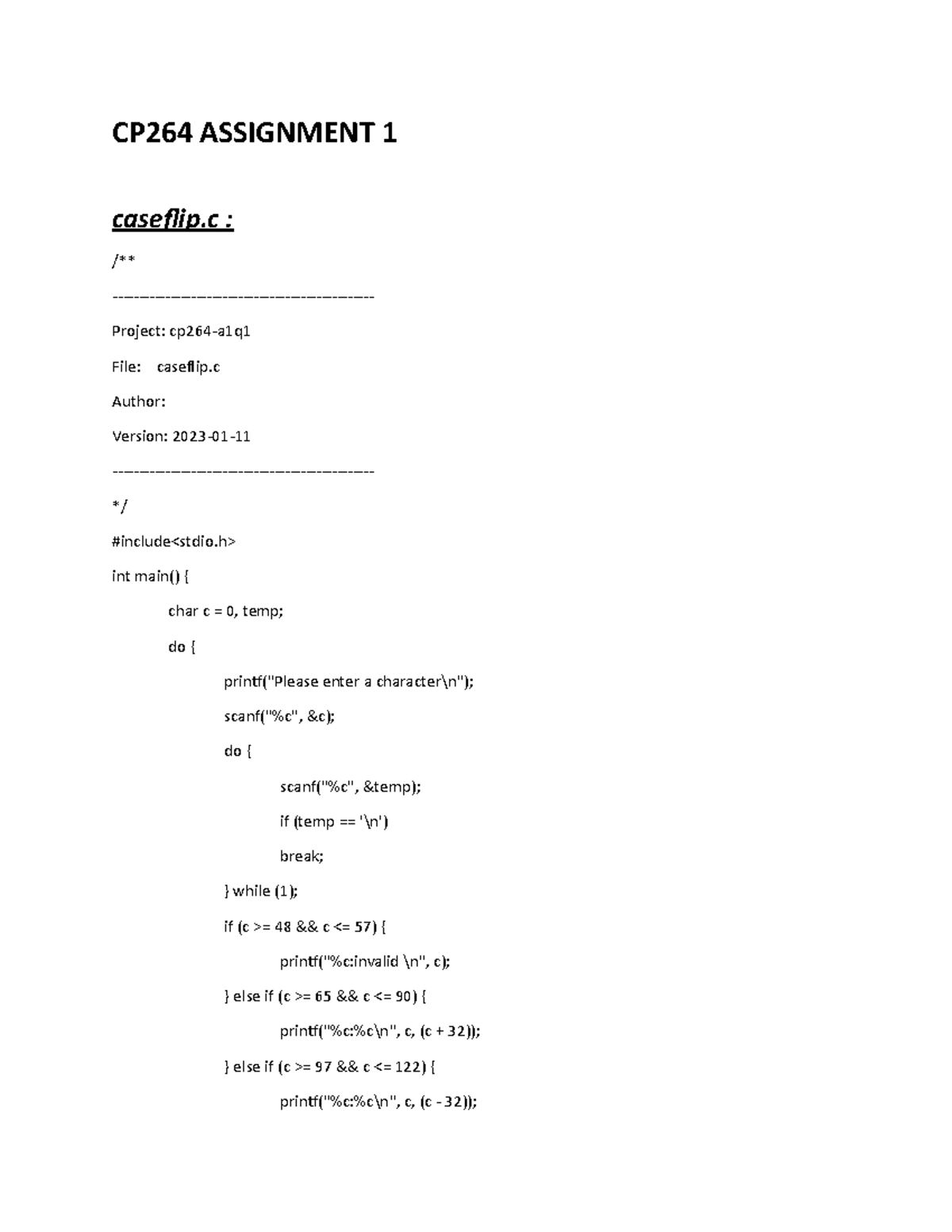 CP264 Assignment 1: Caseflip, Factorial, and Quadratic Functions - Studocu
