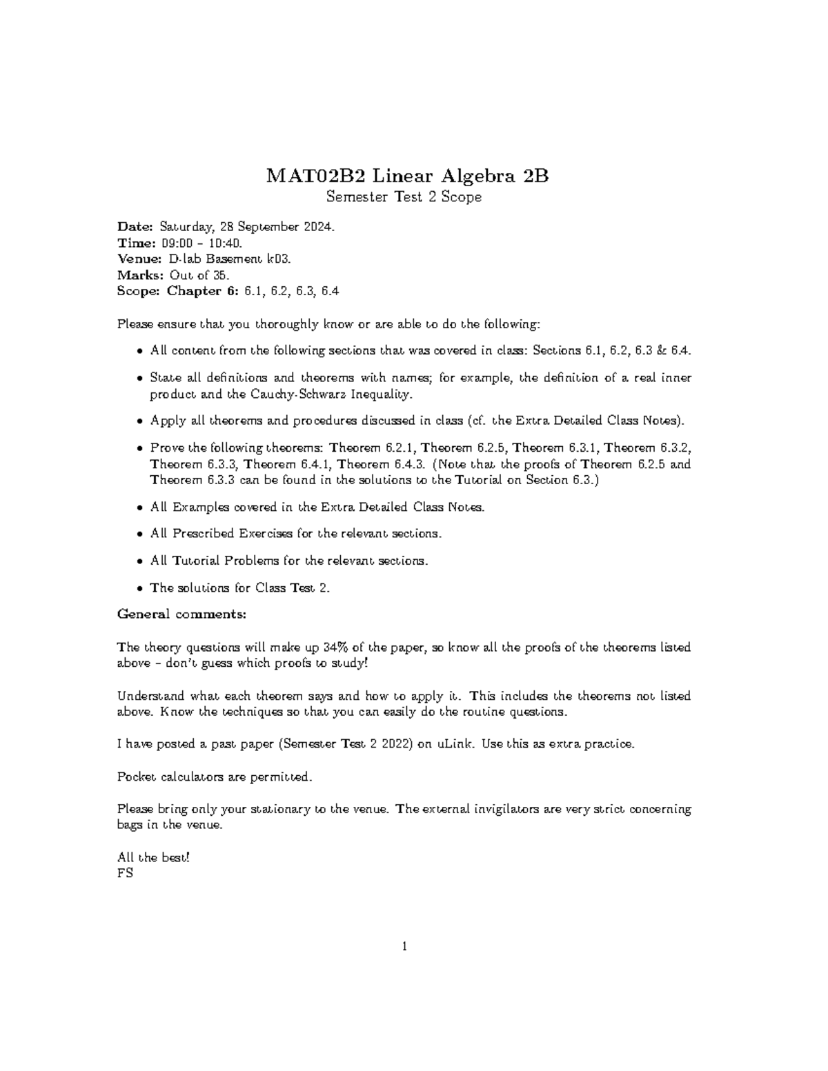 Semester Test 2 Summary & Scope for Linear Algebra MAT02B2 - Studocu