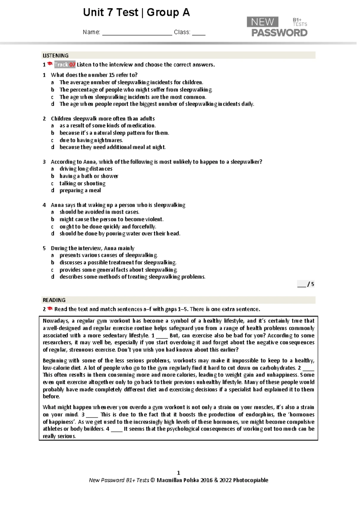 Unit 5B B1+ English Test - Listening, Reading & Writing Übungen - Studocu