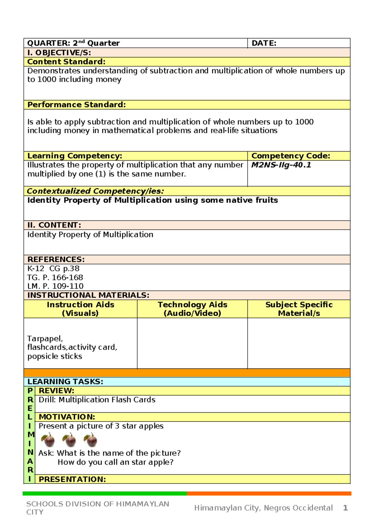 2ND QRT LP - MATH 2 LESSON PLAN - QUARTER: 2nd Quarter DATE: I ...