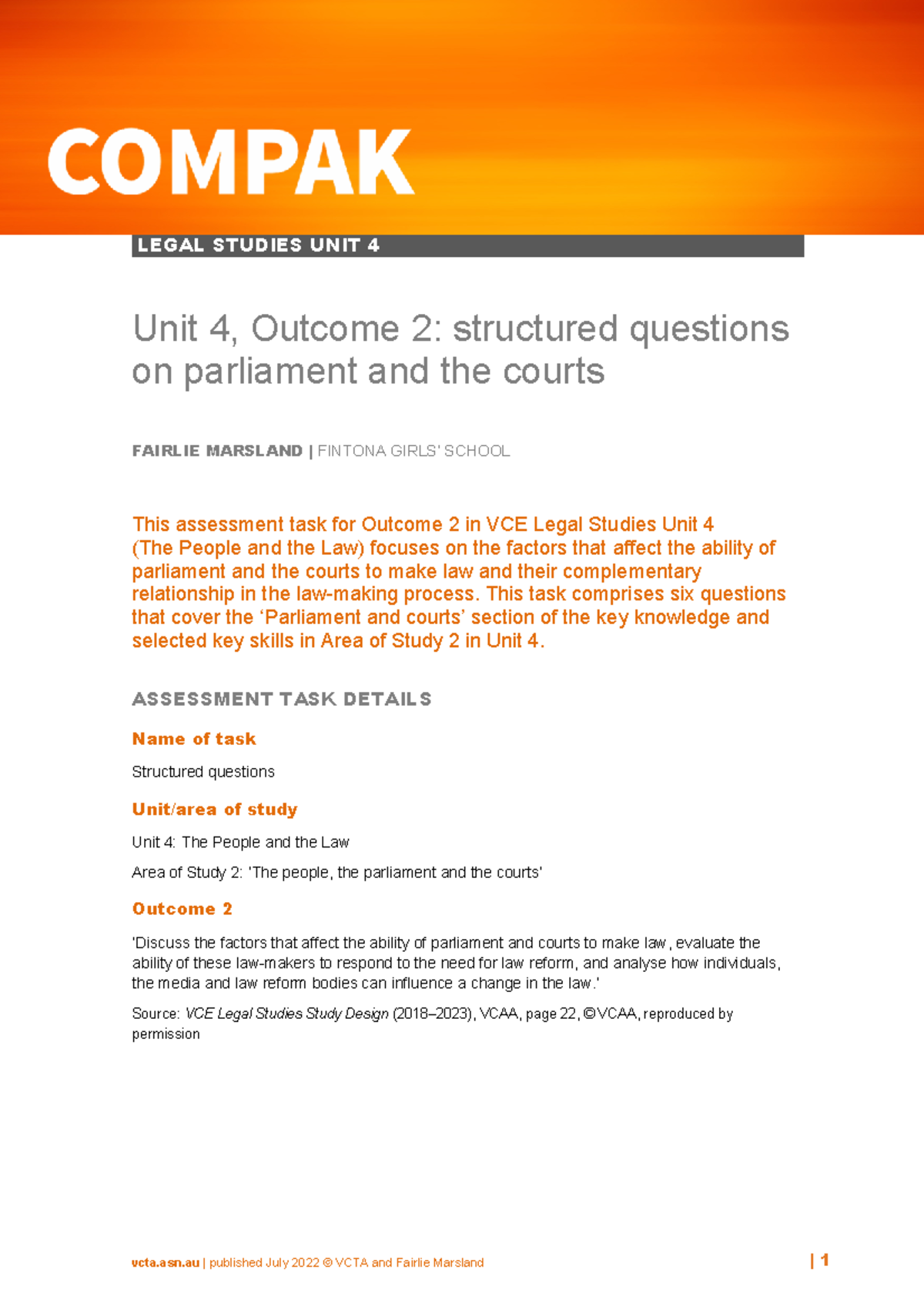 VCE Legal Studies Unit 4 Outcome 2 Practice SAC 2022 with Answers - Studocu