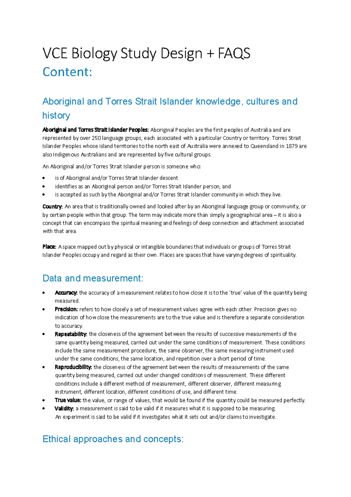 VCE Biology Unit 3 & 4 Study Design FAQs and Key Concepts Summary - Studocu