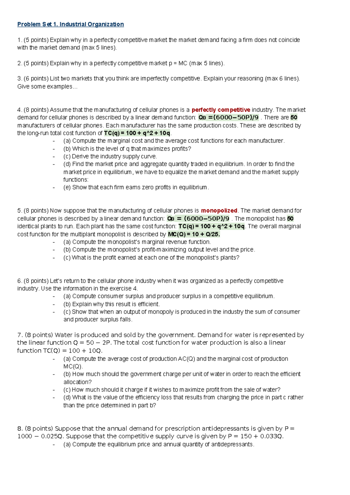 Problem Set 1: Industrial Organization Exercises (IO) - Studocu