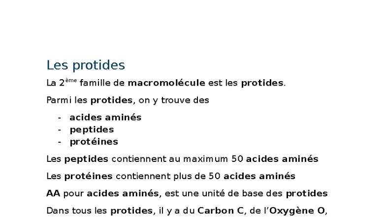 Protides et Acides Aminés : Introduction et Caractéristiques - Studocu