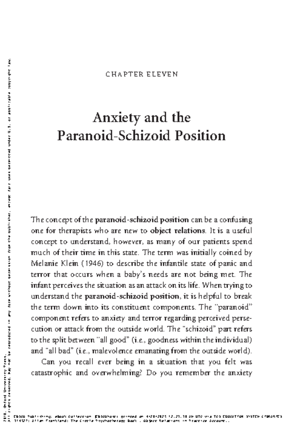 Chapter 11: Navigating Anxiety and the Paranoid-Schizoid Position - Studocu