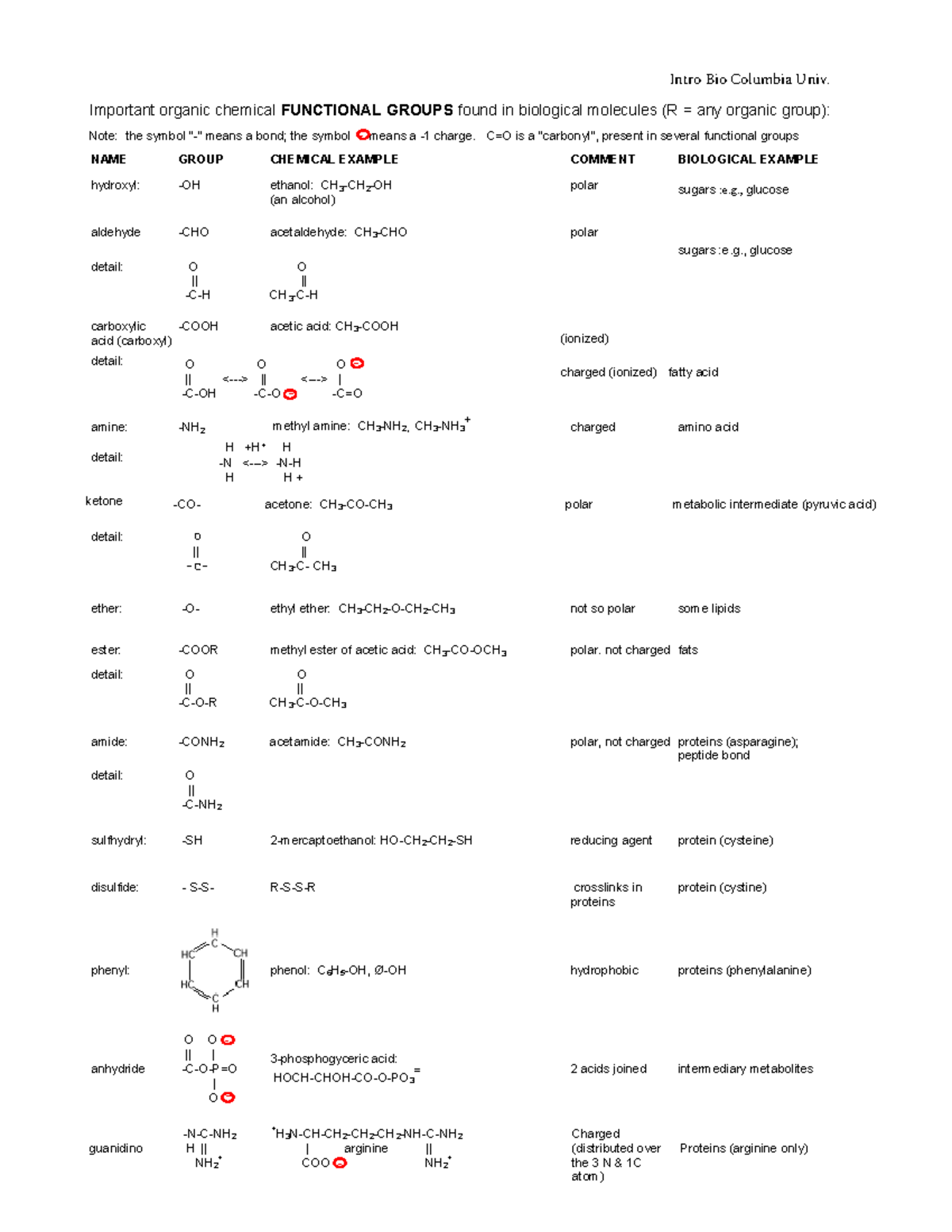 Intro Bio Columbia Univ: Functional Groups in Biological Molecules ...