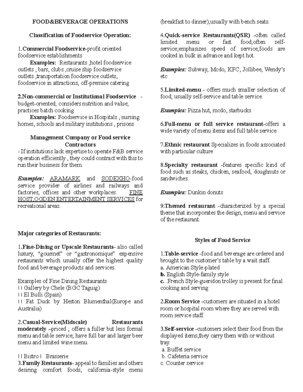 Classification of Foodservice Operation - Food and Beverage Services ...