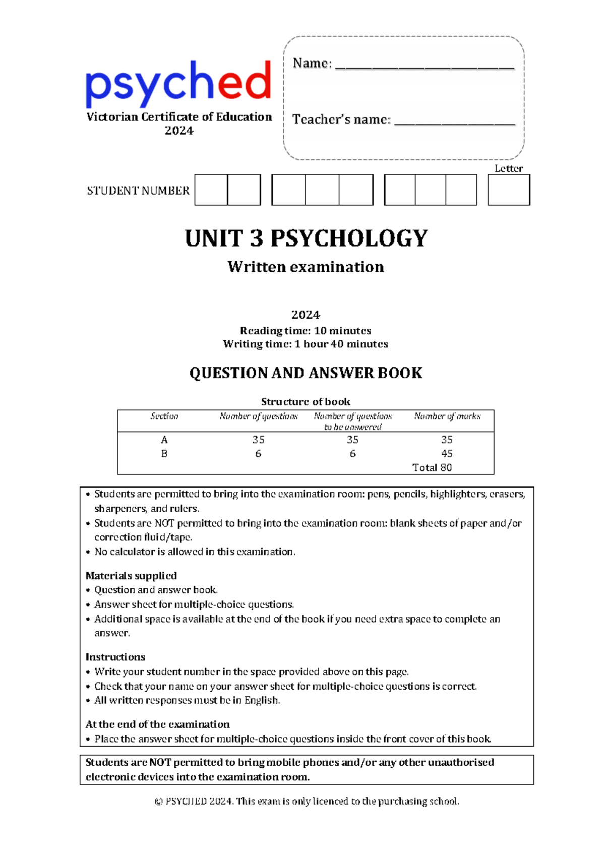 Unit 3 Psychology Trial Exam 2024: Practice Questions and Answers - Studocu