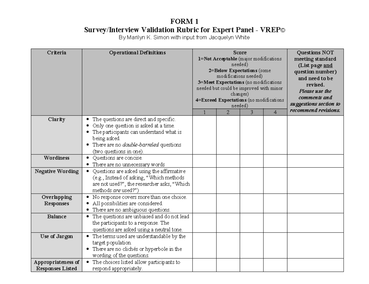 Expert Validation Rubric for Survey/Interview - FORM 1 by Simon - Studocu