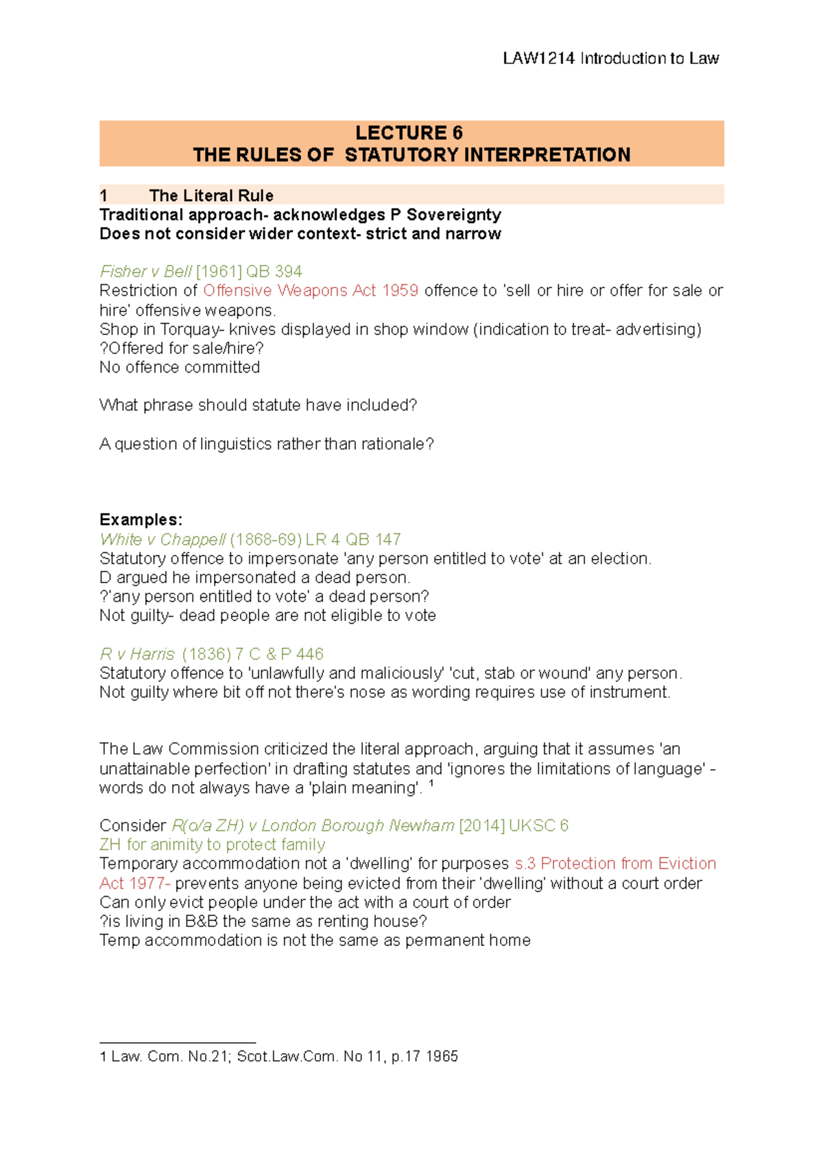 Statutory Interpretation - Rules Overview | Law LECTURE 6 Notes - Studocu