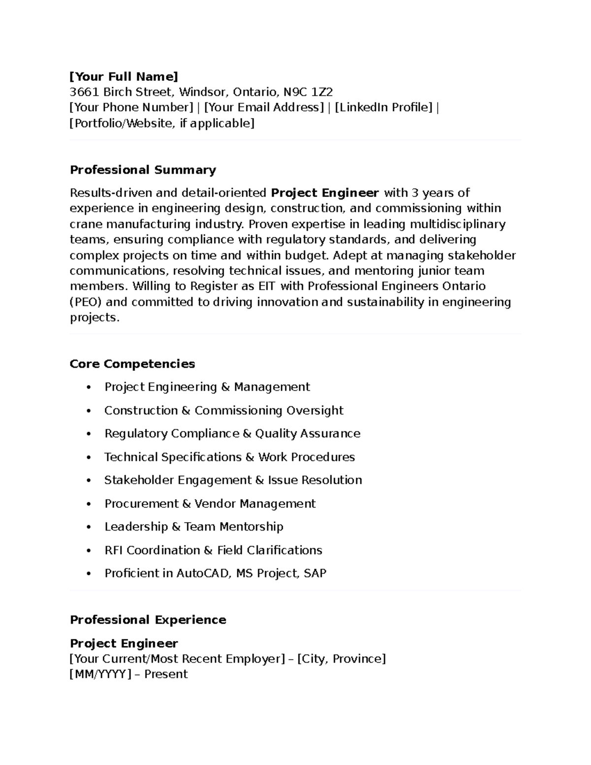 Project Engineer Resume - 3 Years Experience in Crane Manufacturing ...