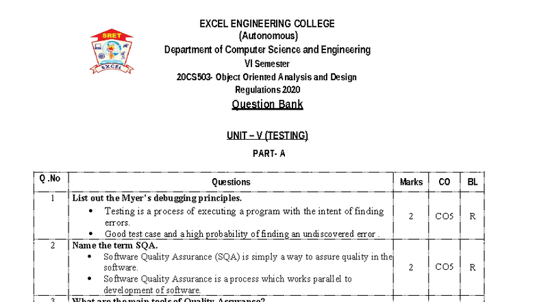 20CS503 - OOAD Unit V: Testing Principles and Strategies - Studocu
