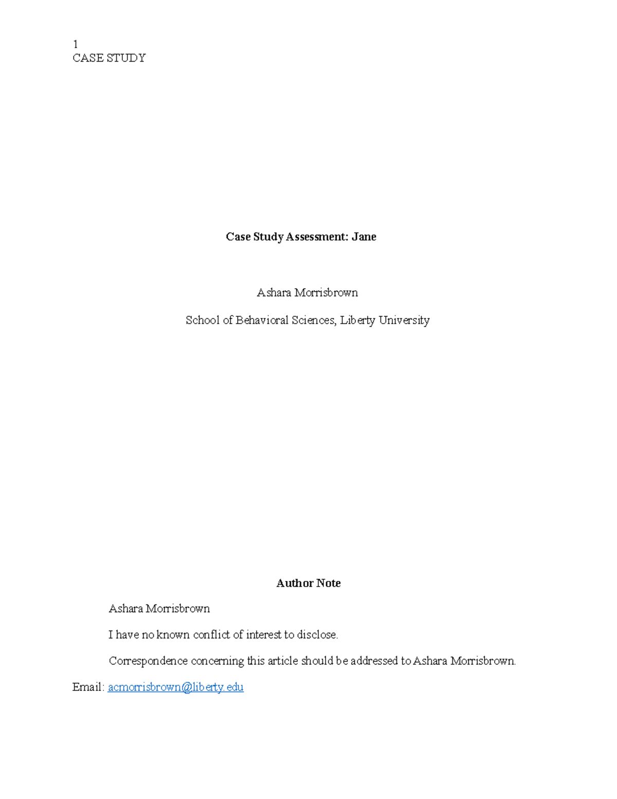 Jane Case Study Assessment - CASE STUDY Case Study Assessment: Jane ...