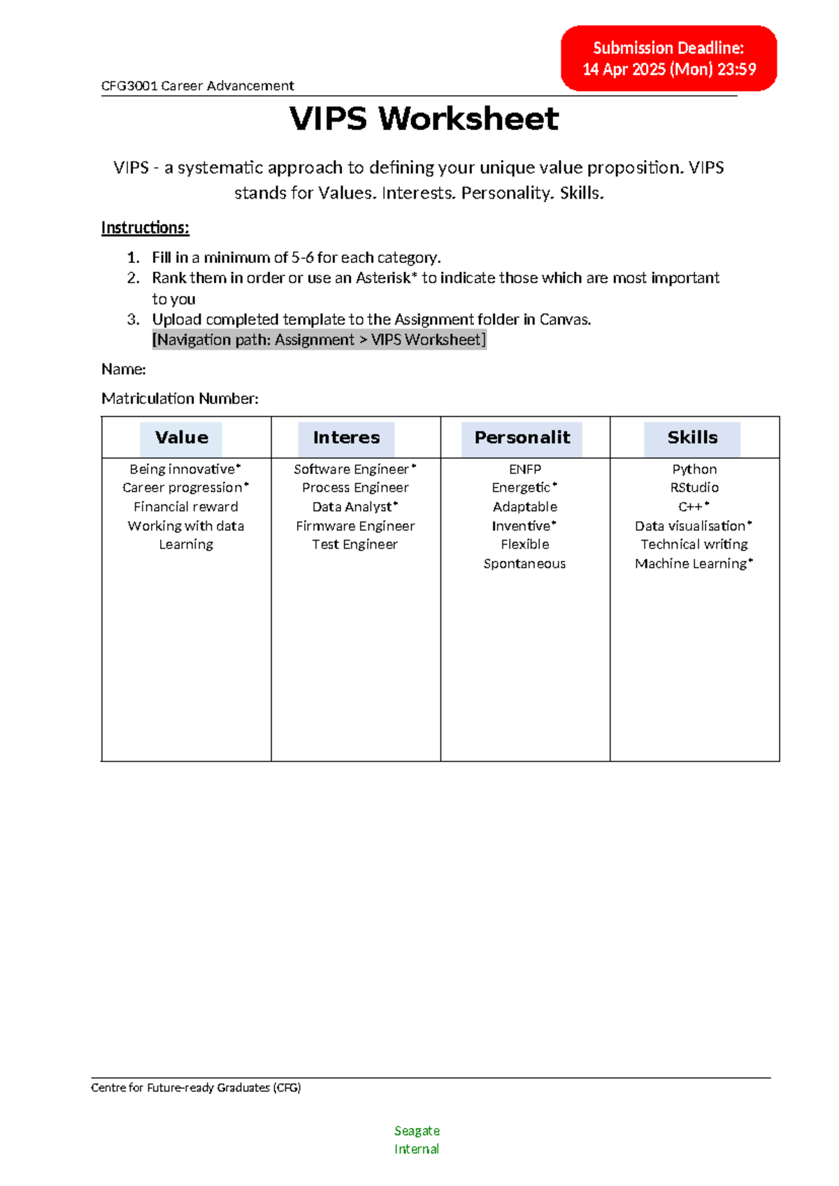 VIPS Worksheet for CFG3001 Career Advancement: Define Your Value ...